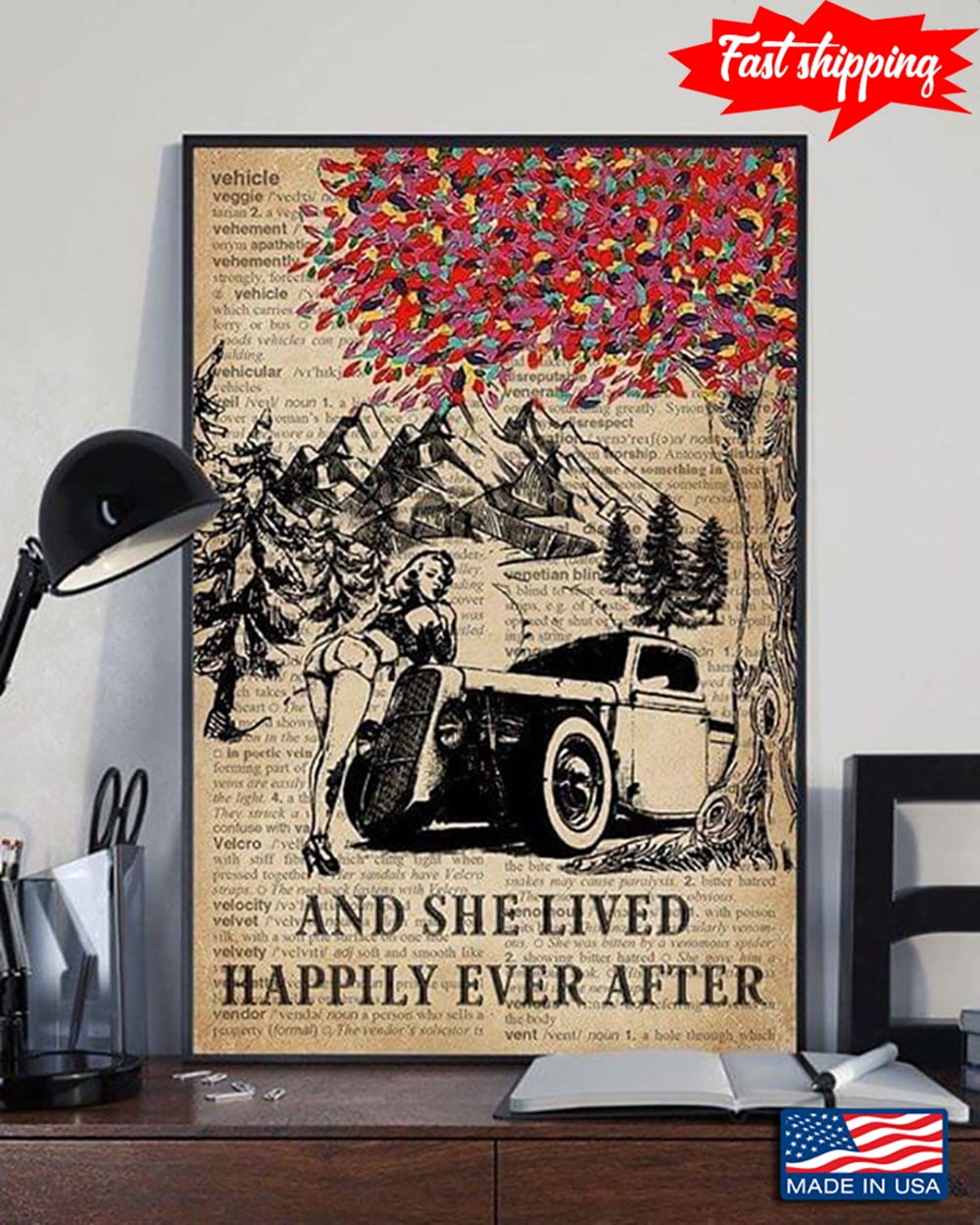 Dictionary Theme Colourful Tree Vintage Girl And Hot Rod And She Lived ...