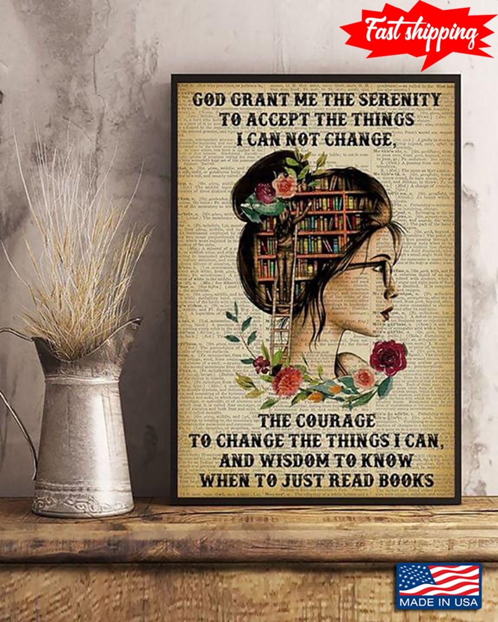 Dictionary Theme Floral Girl With Books God Grant Me The Serenity To ...