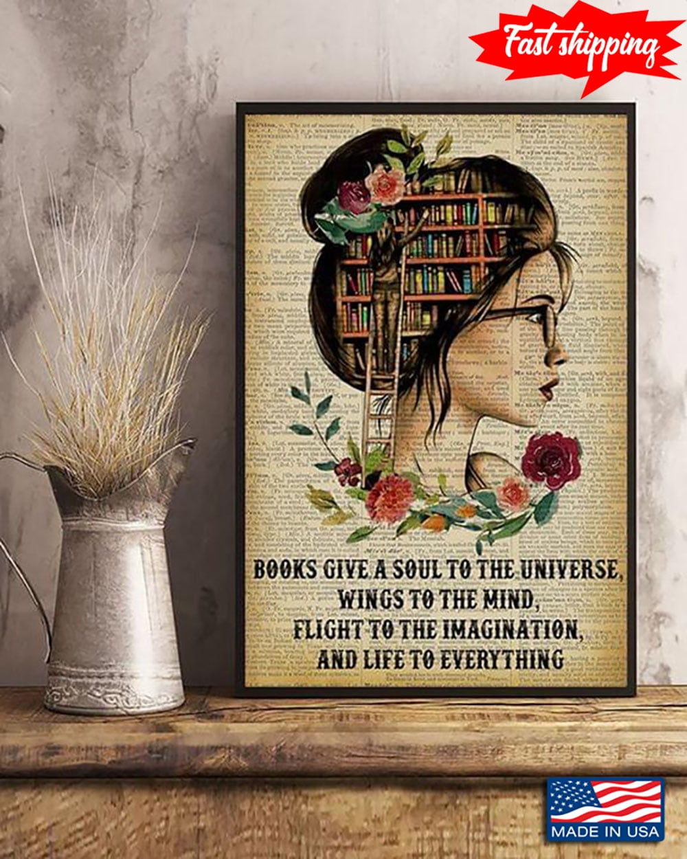 Dictionary Theme Floral Girl With Glasses Books Give A Soul To The ...