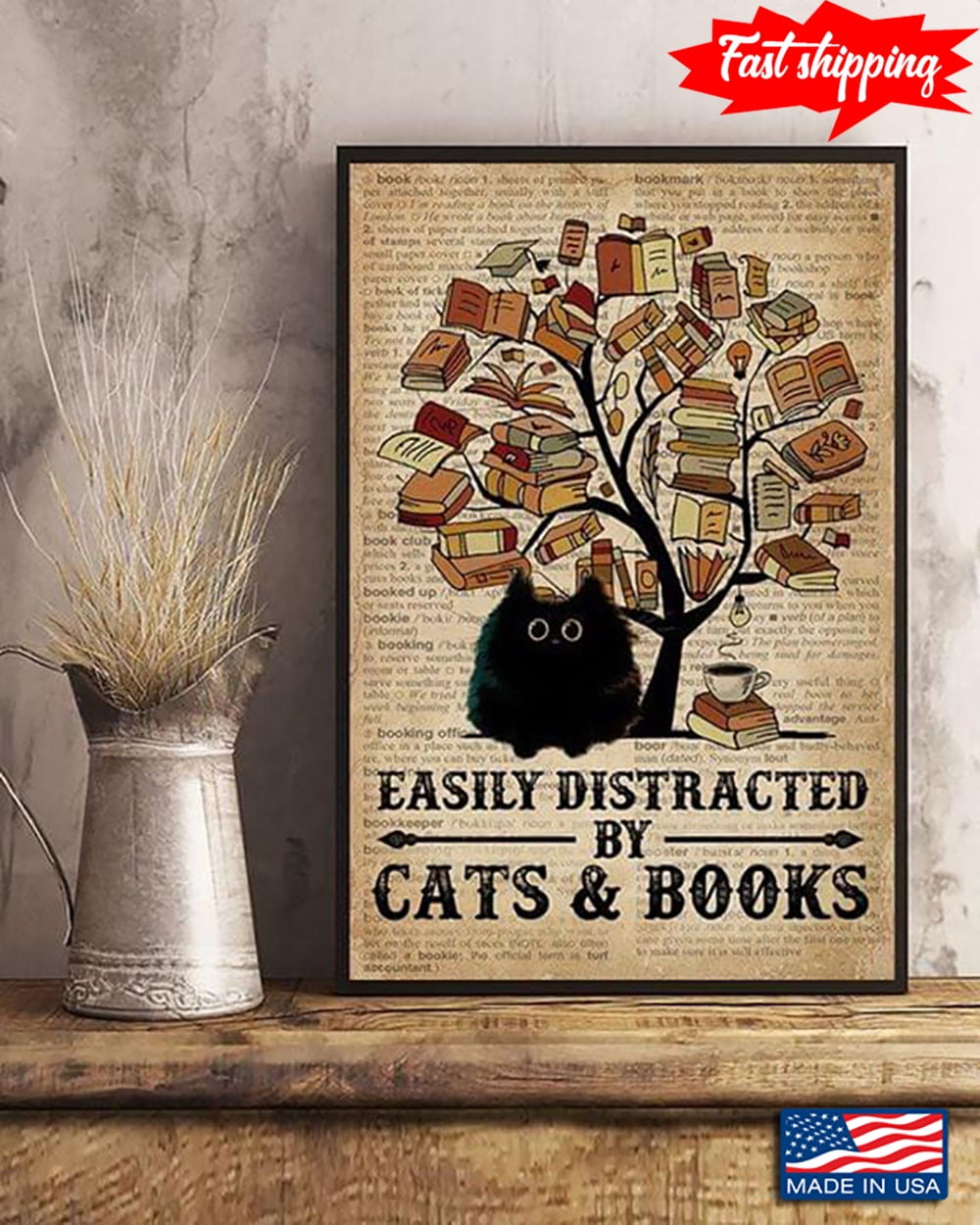 Dictionary Theme Fluffy Black Cat & Tree With Books Easily Distracted ...