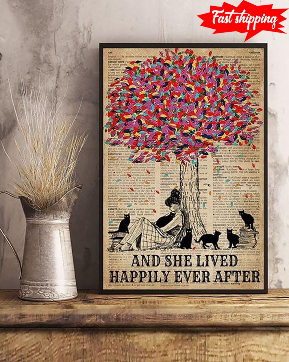 Dictionary Theme Vintage Girl Leaning Against Tree & Black Cats And She ...