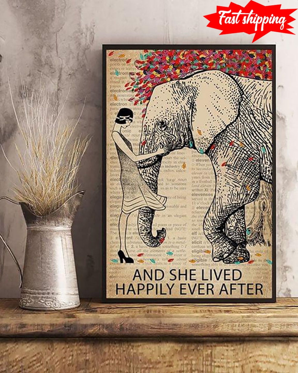 Dictionary Theme Vintage Girl With Elephant Under Colourful Tree And She Lived Happily Ever ...