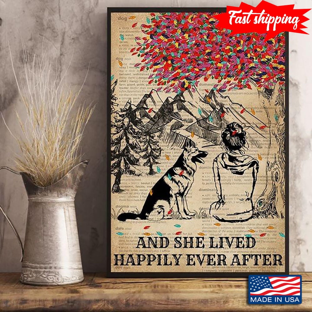 Dictionary Theme With Colourful Tree Vintage Girl With German Shepherd ...