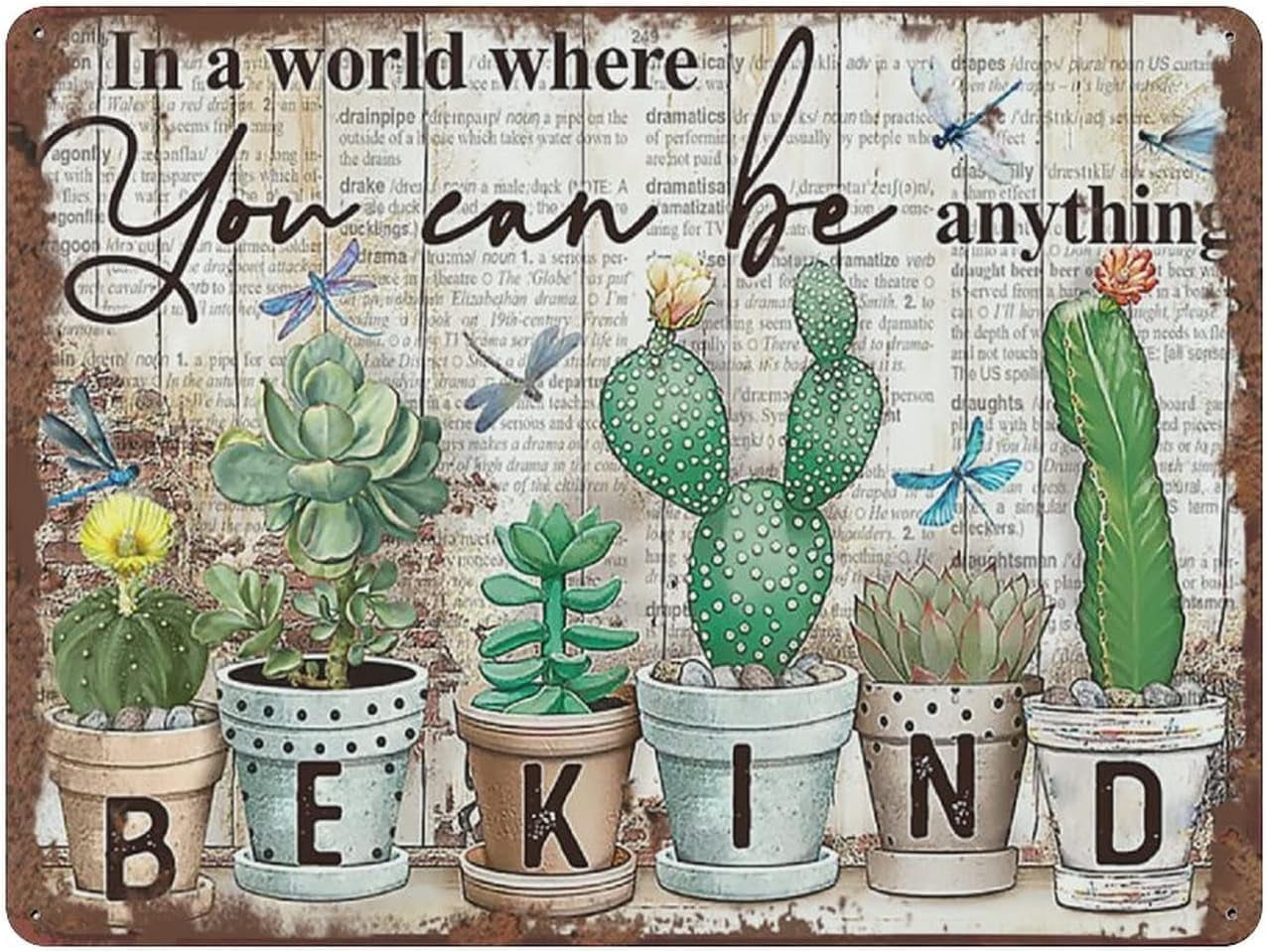 Dictionary You Can Be Kind Dragonfly Succulent Retro Tin Sign Cactus ...