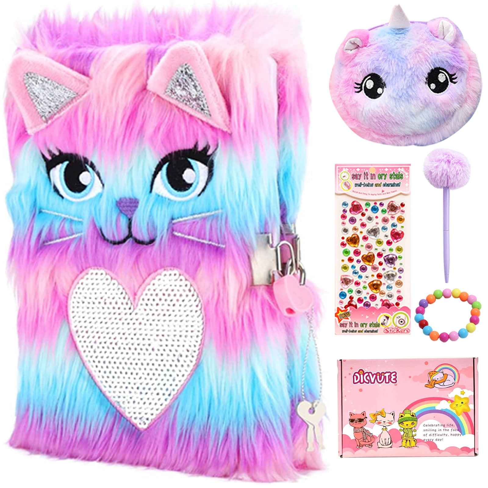 Dicvute Fuzzy Journal Kid Dairy with Lock for Girls, Cute Lion Plush ...