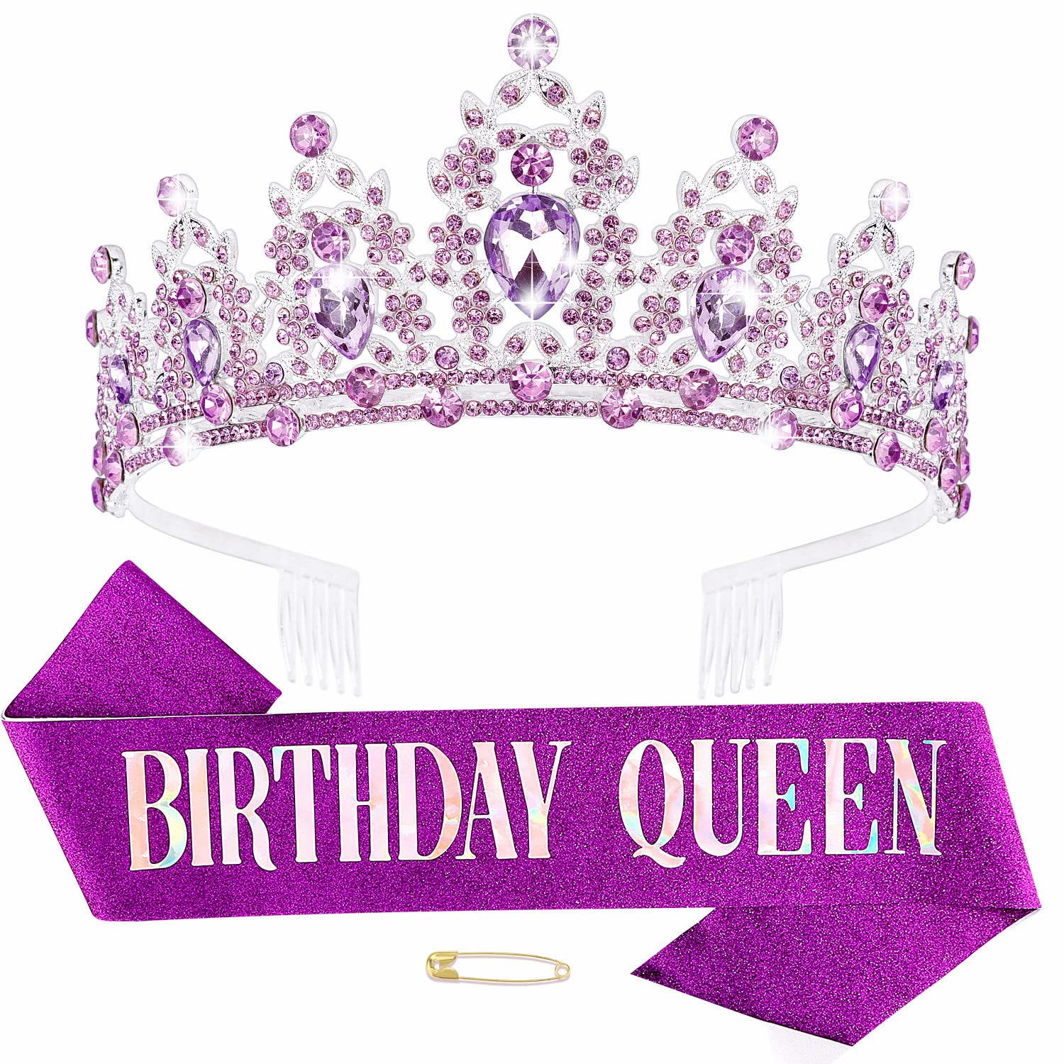 Didder Purple Birthday Queen Sash & Light Purple Crystal Crown Set, Birthday Crown Birthday ...