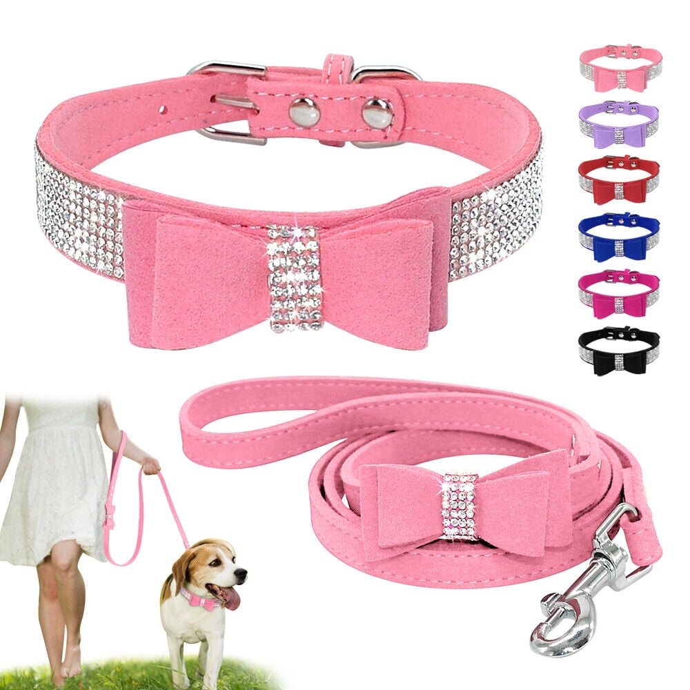 Didog Bling Bowknot Suede Leather Rhinestone Dog Collar and Leash for ...