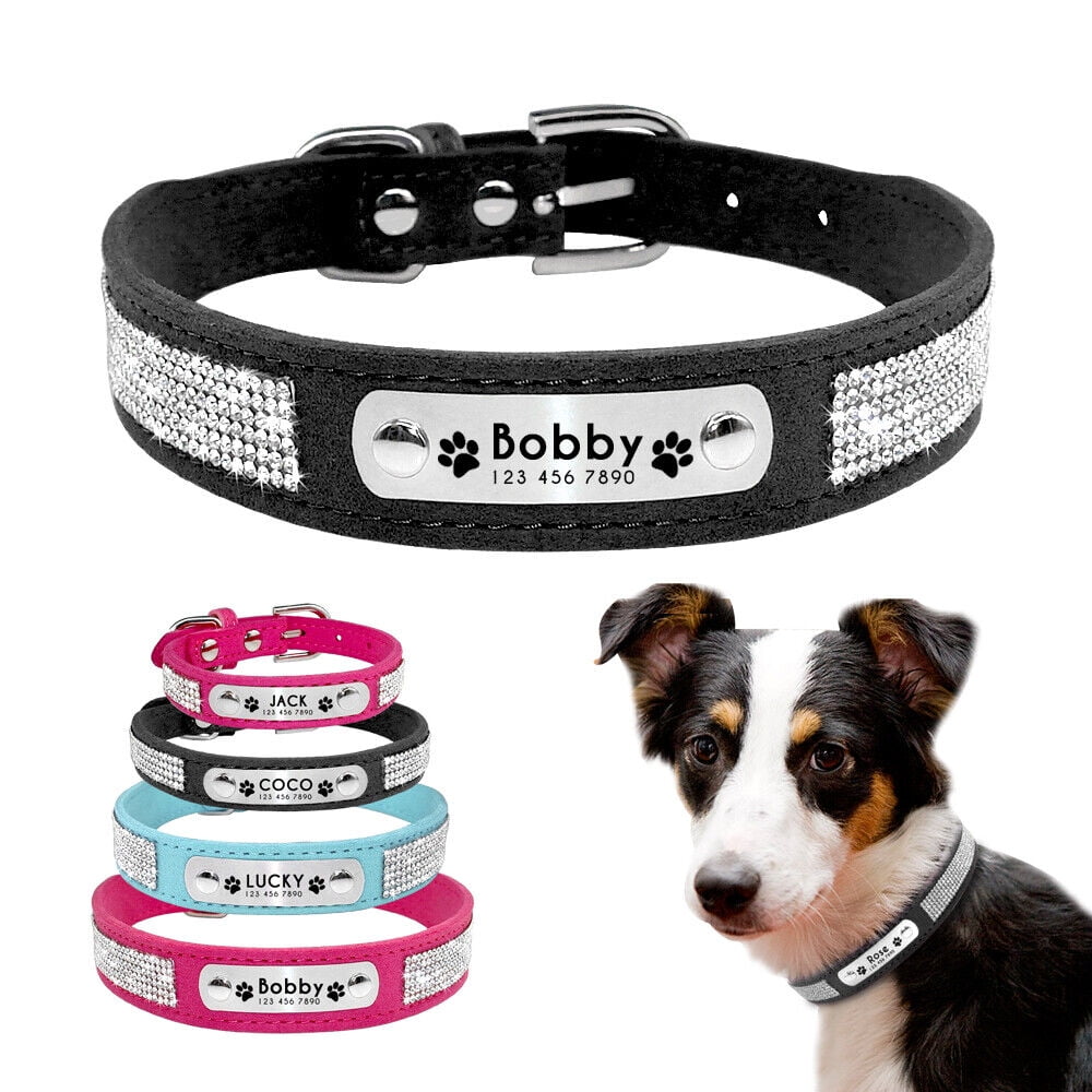 Didog Bling Rhinestone Personalized Pet Collar Soft Suede Leather ...