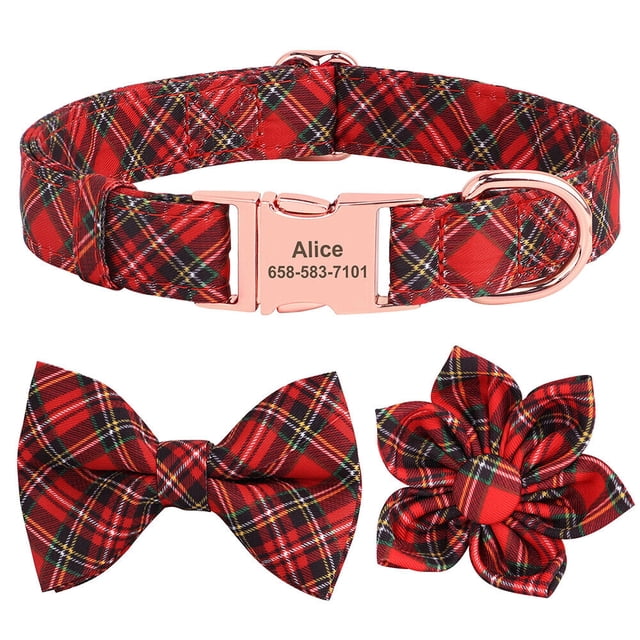 Didog Custom Plaid Dog Collar Bow Tie & Flower Removable Christmas ...