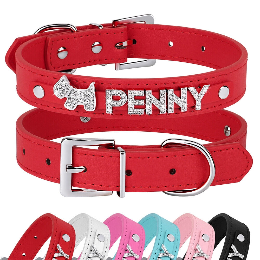 Didog Smooth PU Leather Custom Dog Collars with Rhinestone Personalized ...