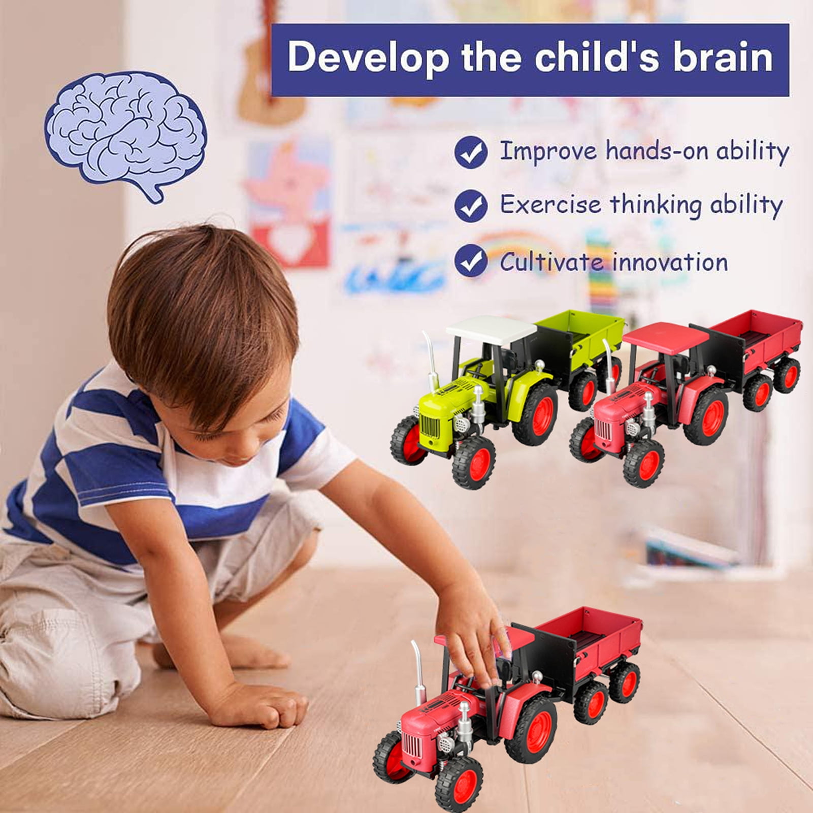 Die-Cast Tractor Toy with Light & Sound Movable Rear Carriage Farm ...