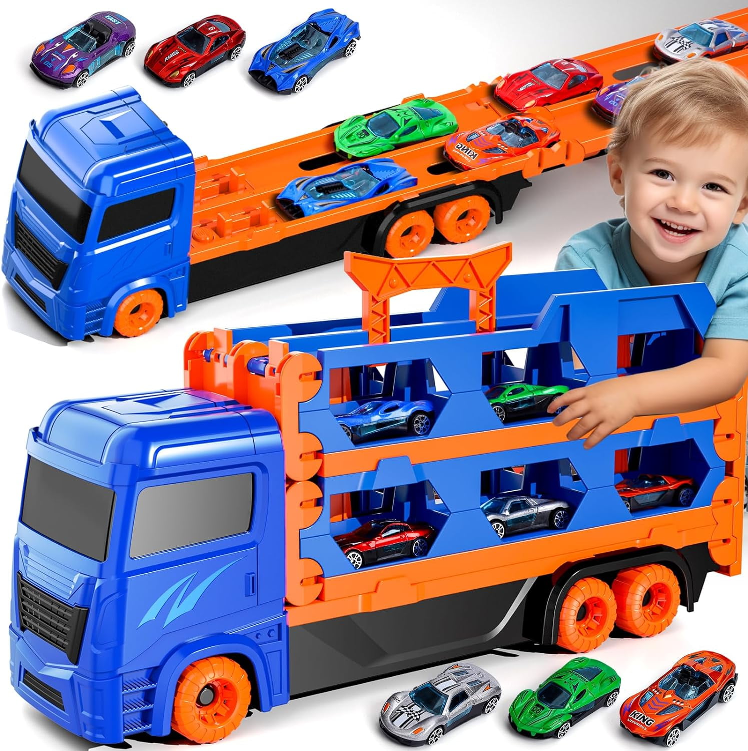 MUSICOZY Die-Cast Transport Truck Car Toys, 61-Inch Track, Toddler Toys ...