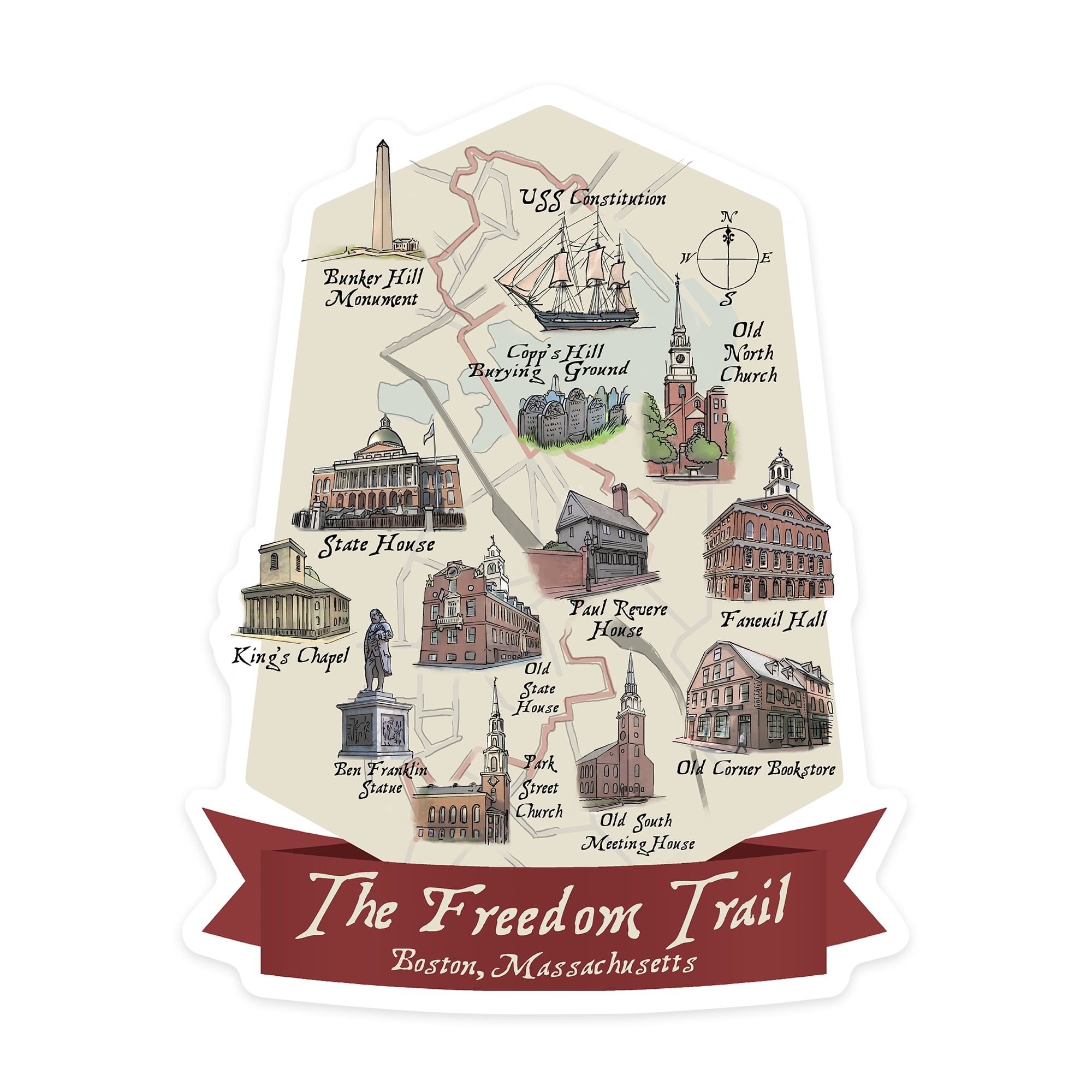 Die Cut Sticker Boston, Massachusetts, The Freedom Trail, Map, Contour ...