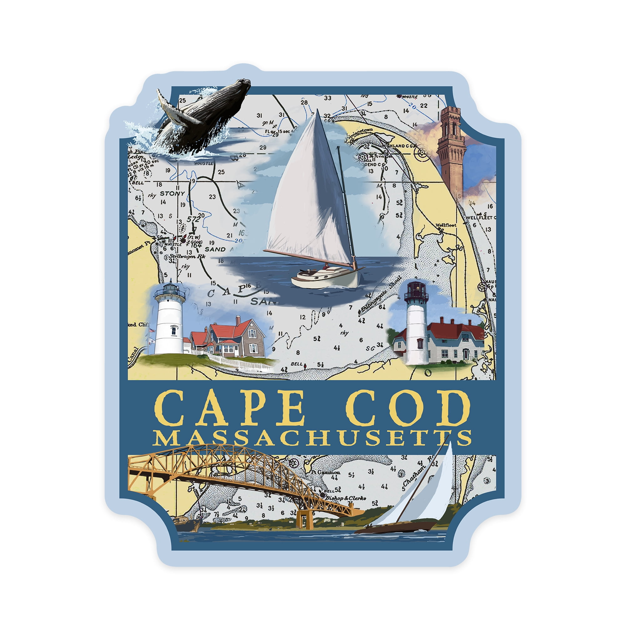 Die Cut Sticker Cape Cod, Massachusetts, Nautical Chart, Contour Vinyl ...