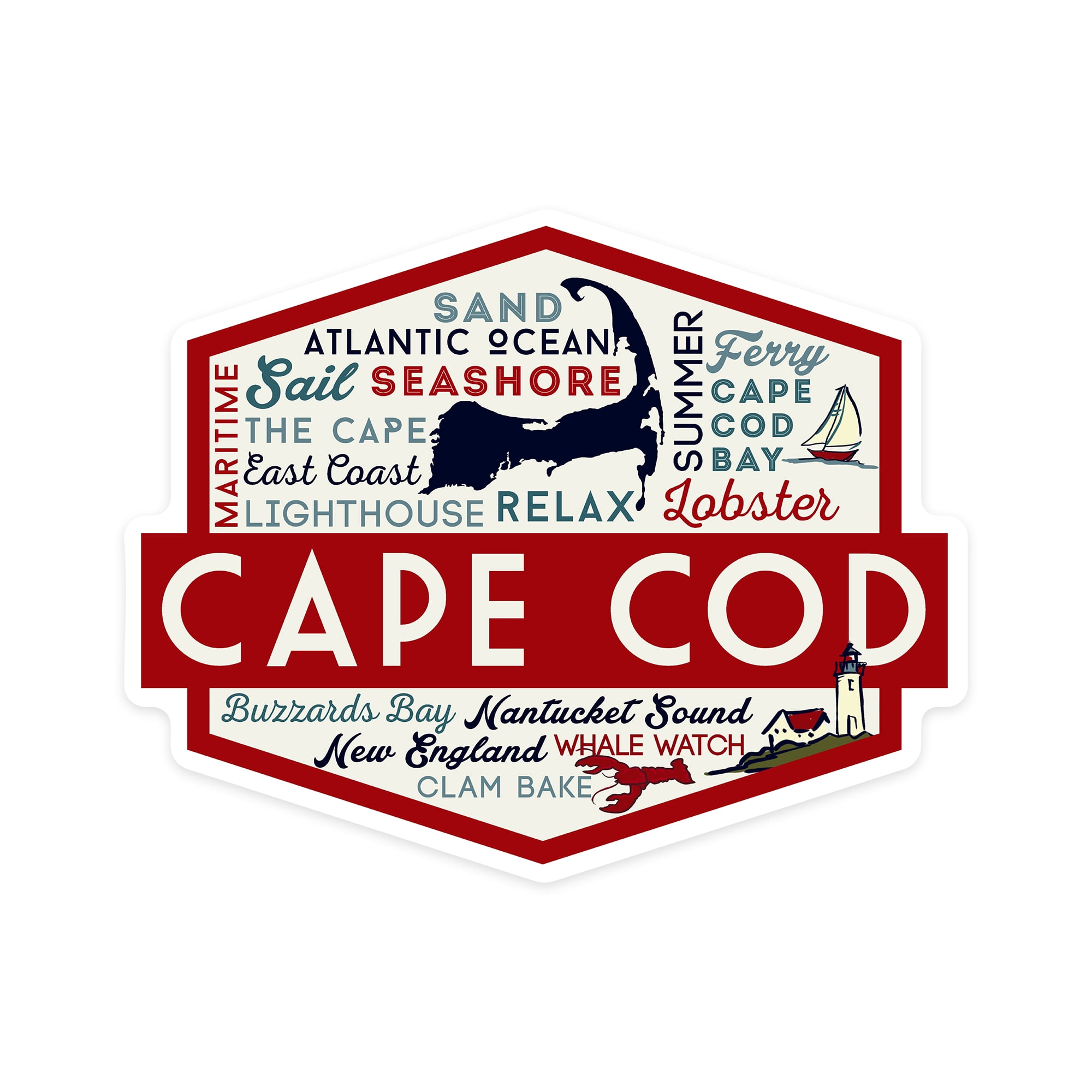 Die Cut Sticker Cape Cod, Massachusetts, Typography and Icons, Contour ...