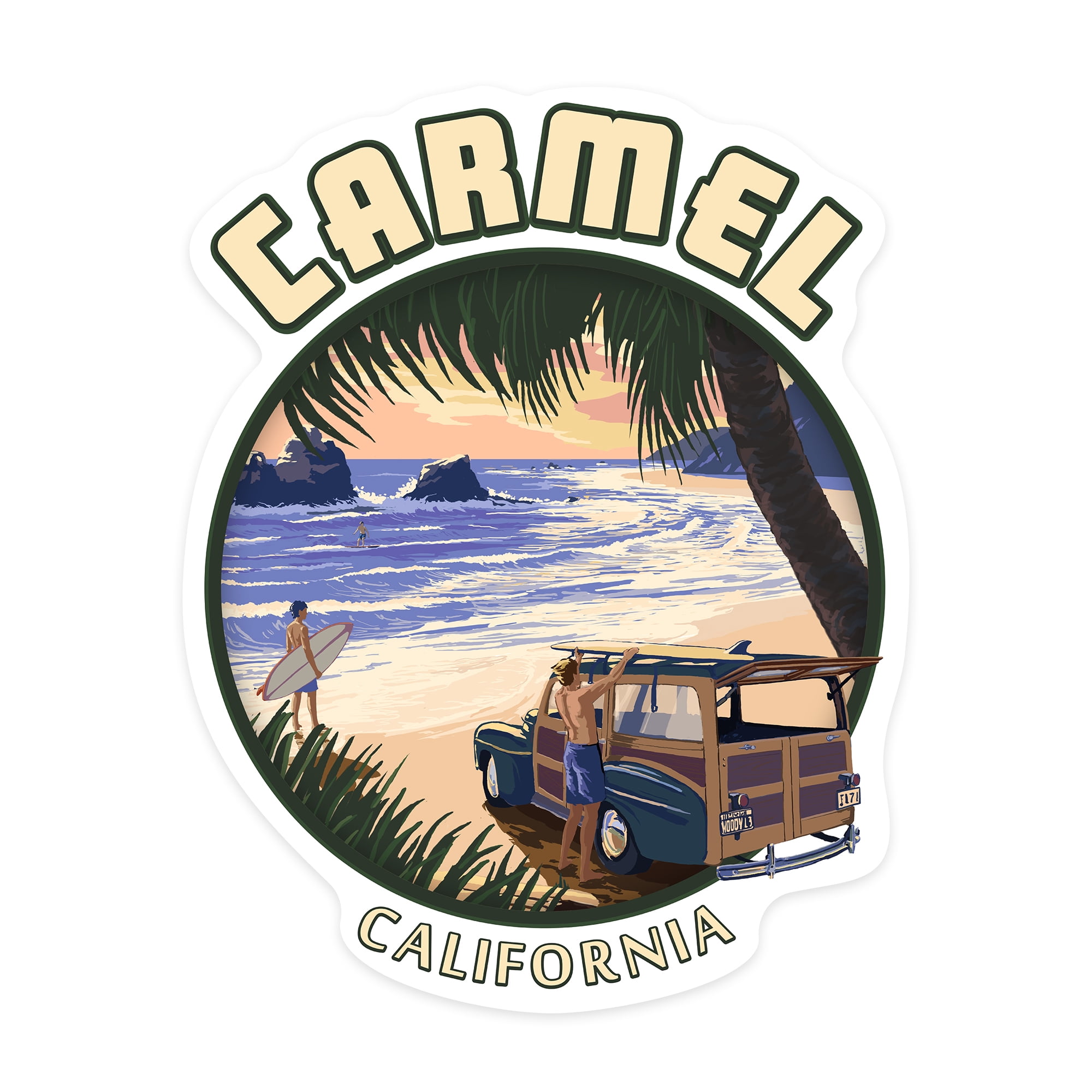 Die Cut Sticker Carmel, California, Woody on Beach, Contour Vinyl Sticker 3 to 6 inches ...