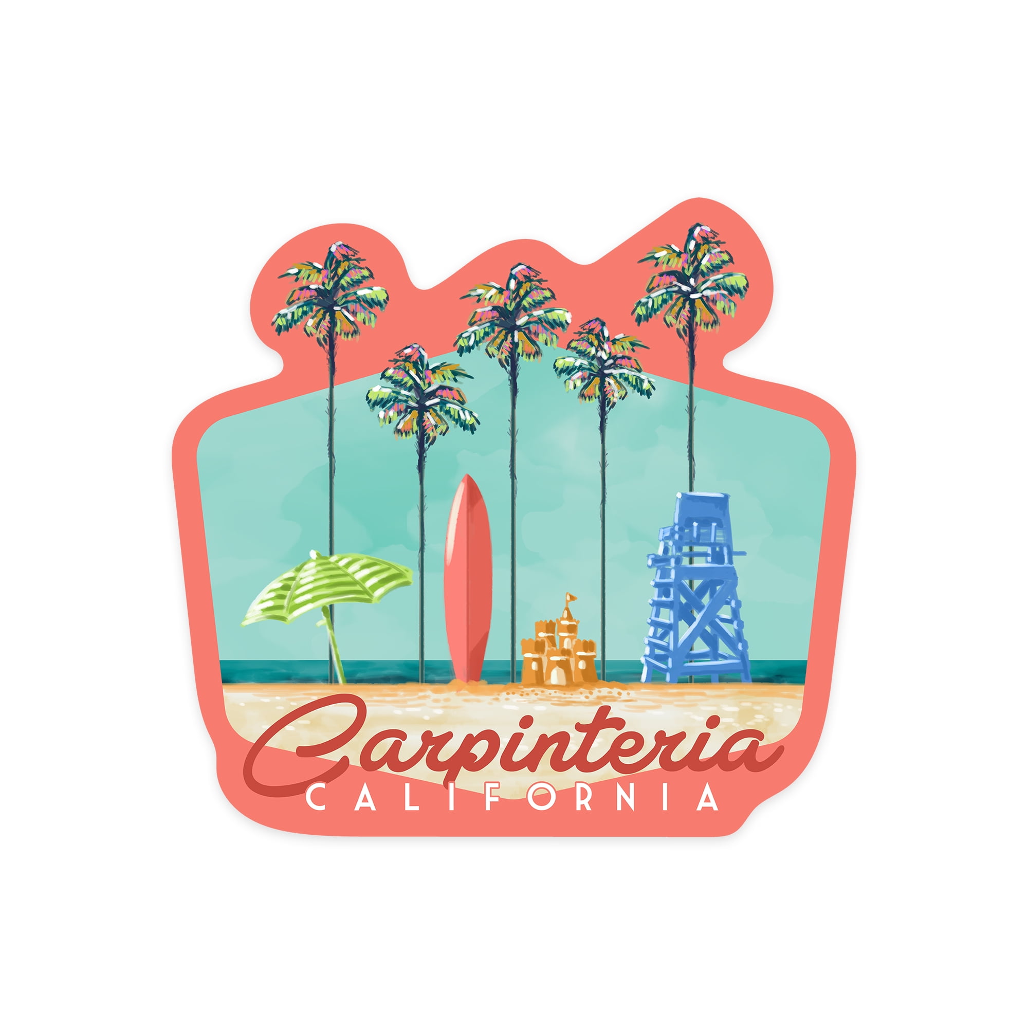 Die Cut Sticker Carpinteria, California, Tall Palms Beach Scene, Blue ...