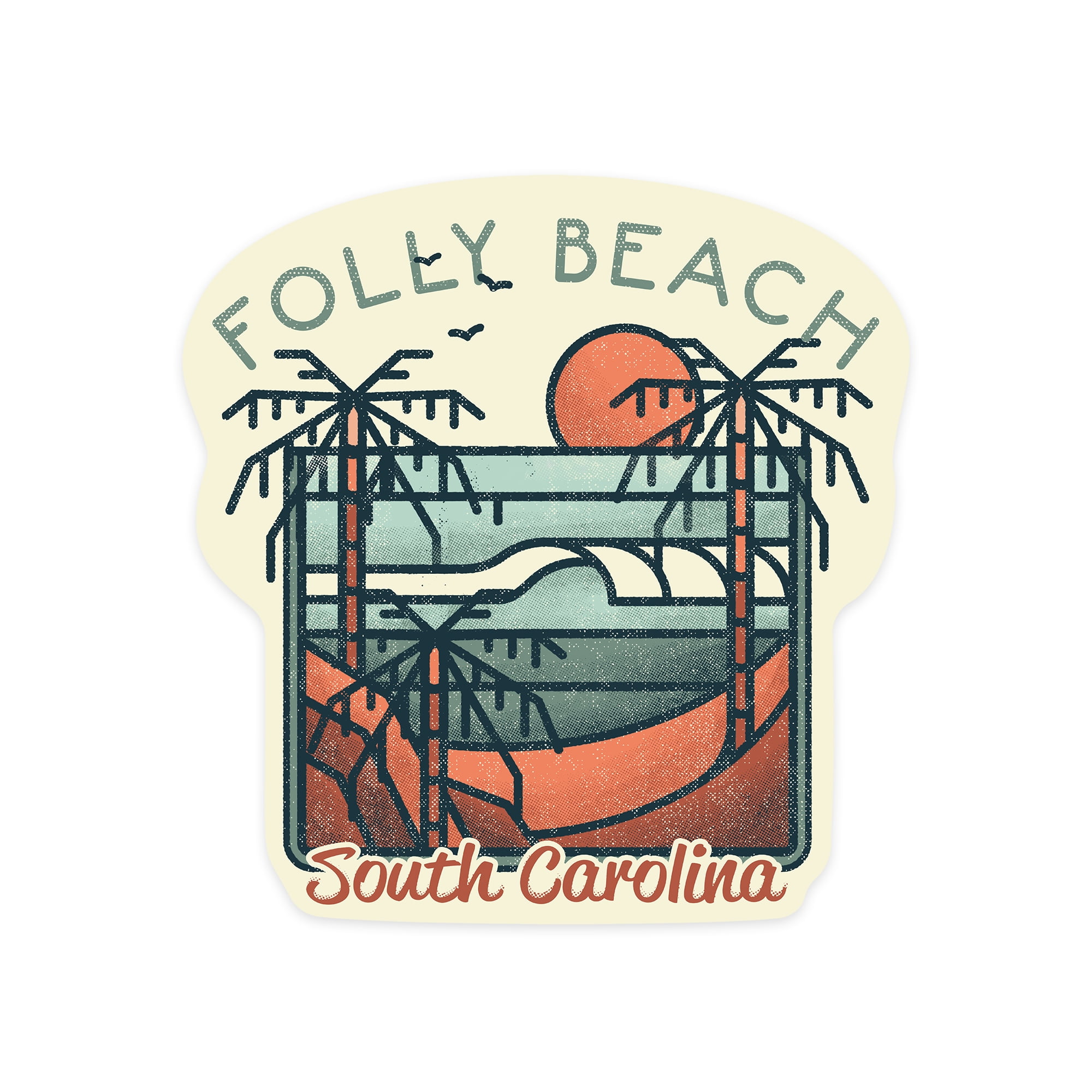 Die Cut Sticker Folly Beach, South Carolina, Palm Trees and Beach Scene ...