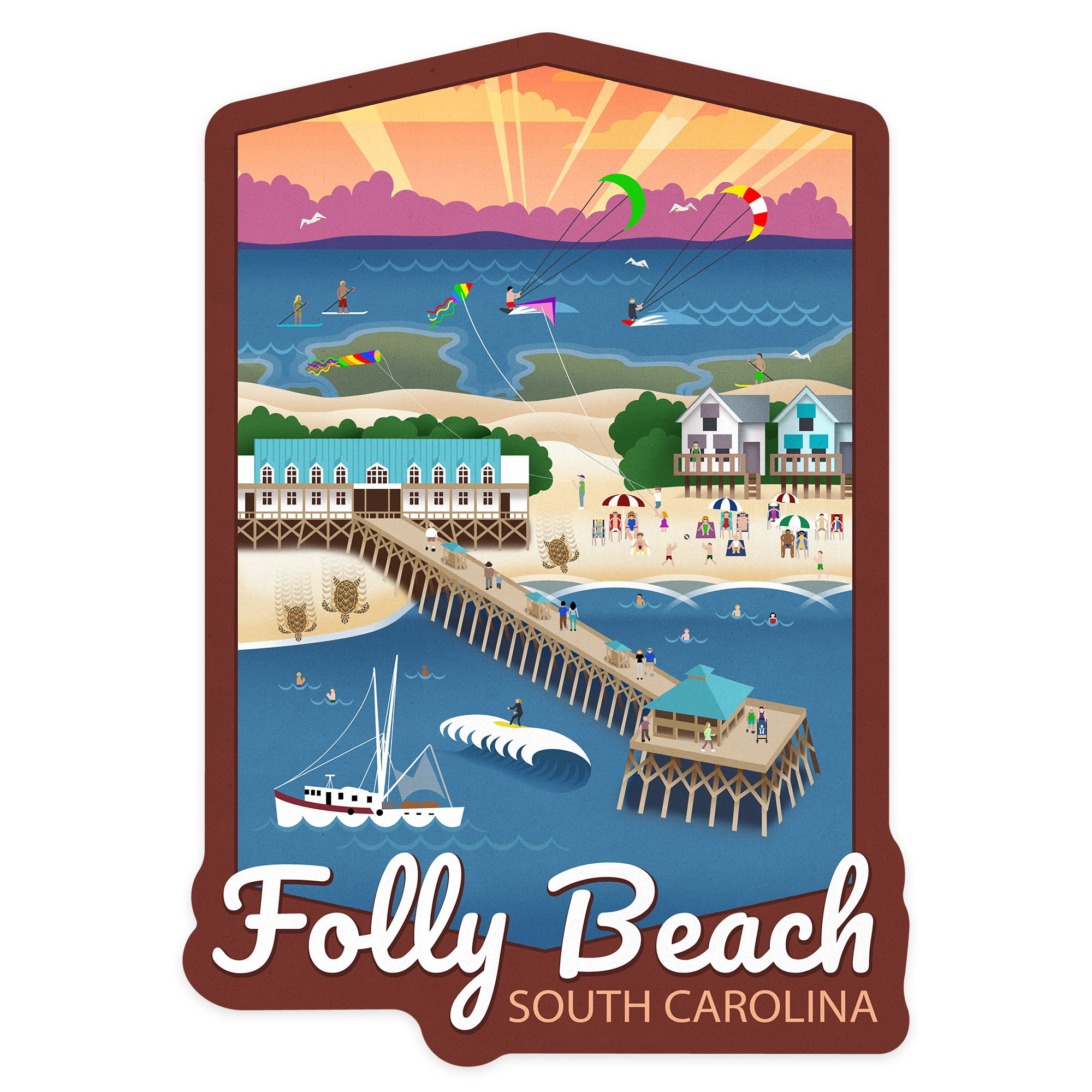 Die Cut Sticker Folly Beach, South Carolina, Retro Style, Contour Vinyl ...