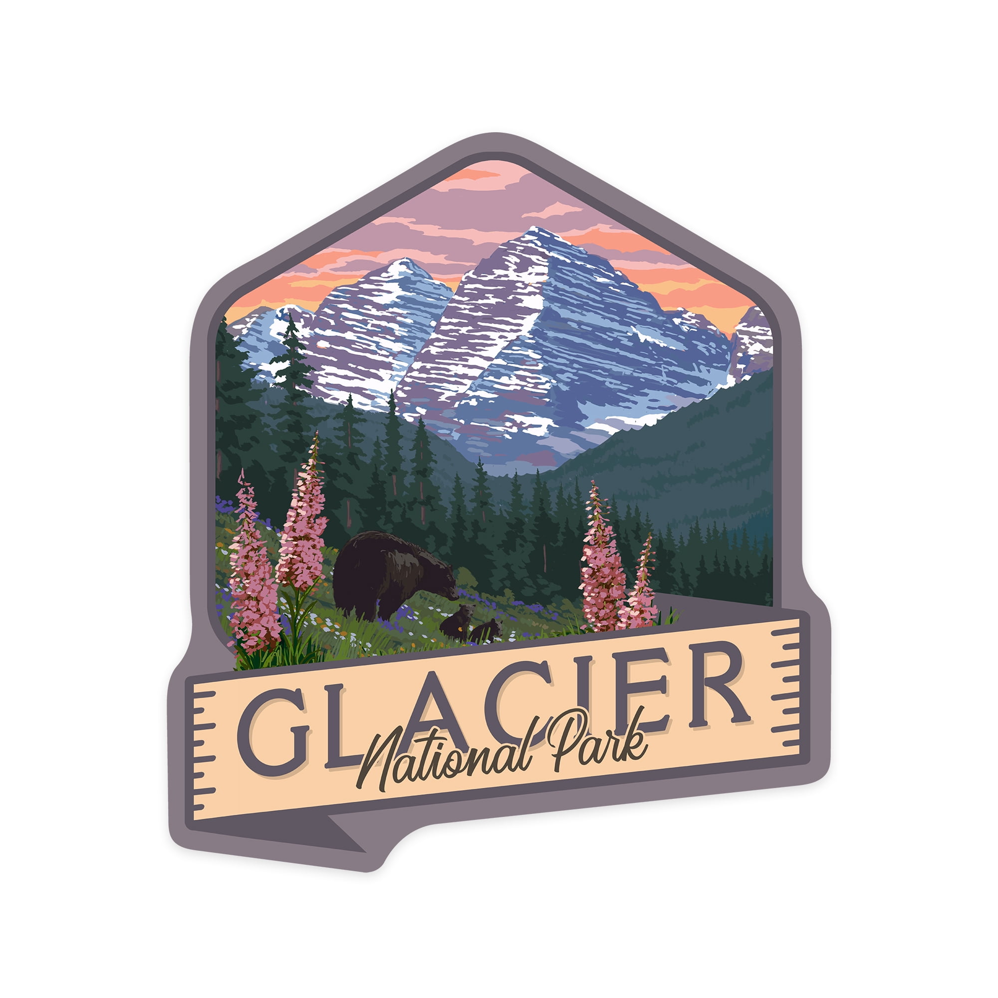 Die Cut Sticker Glacier National Park, Montana, Bear and Spring Flowers ...