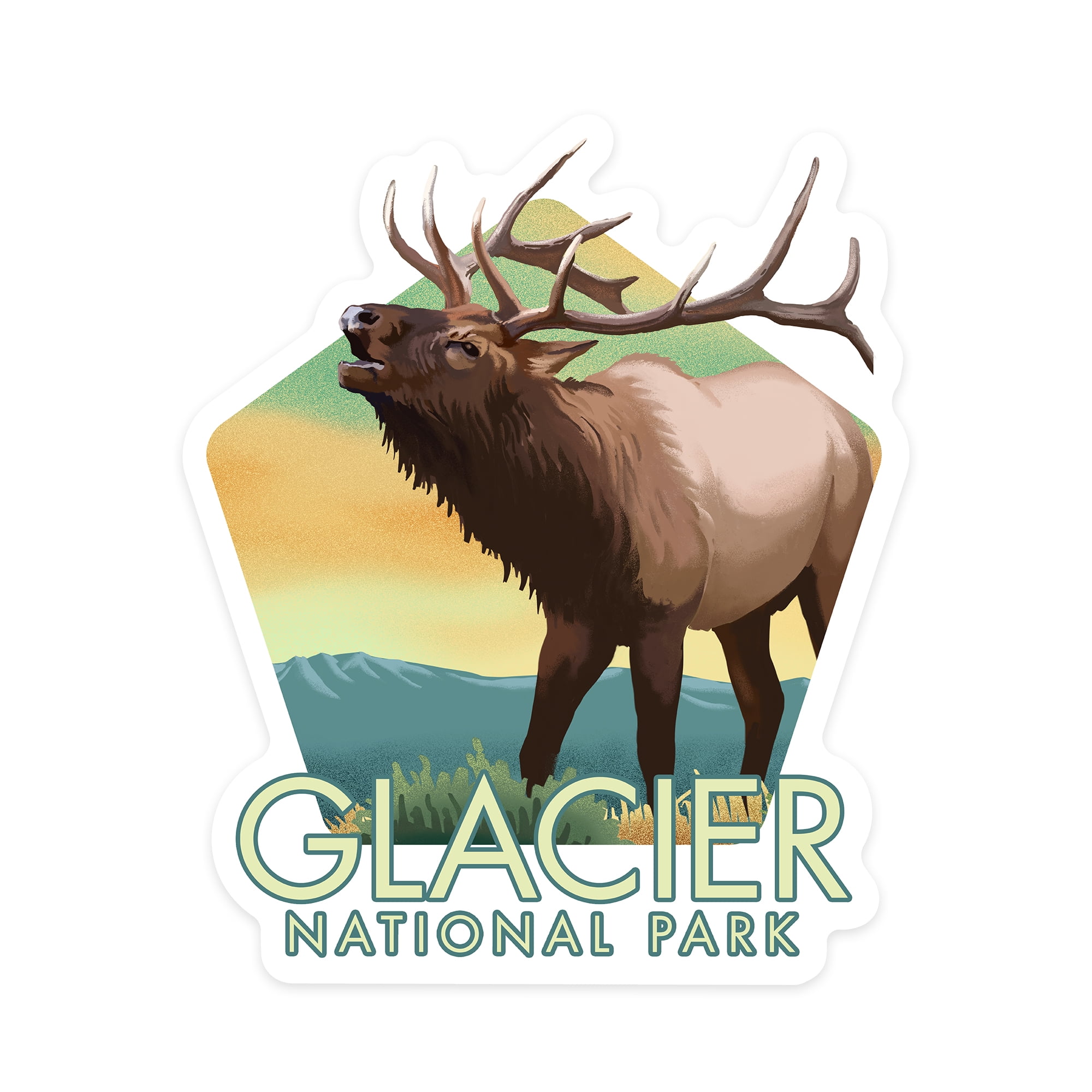 Die Cut Sticker Glacier National Park, Montana, Elk, Lithograph ...