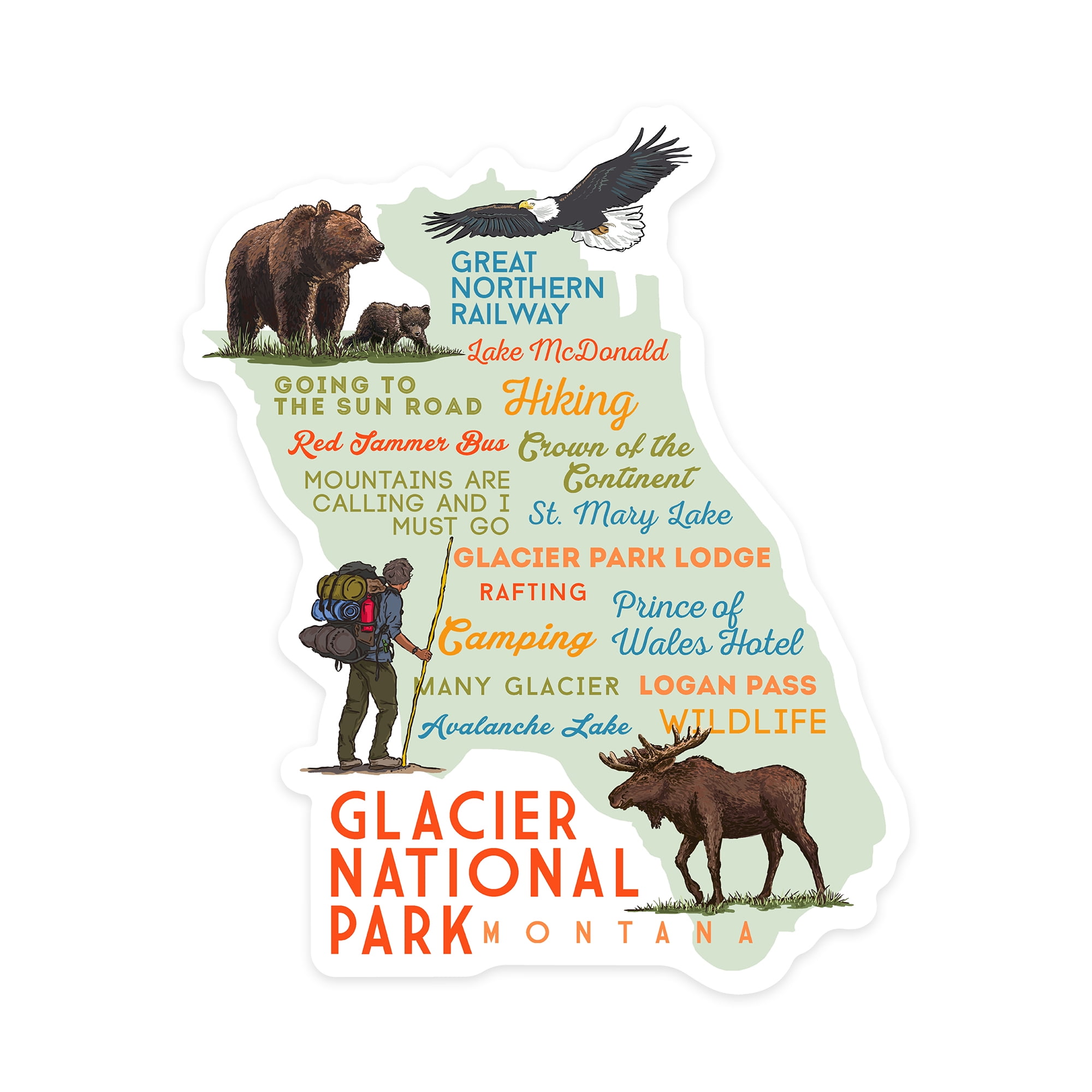 Die Cut Sticker Glacier National Park, Montana, Typography and Icons ...