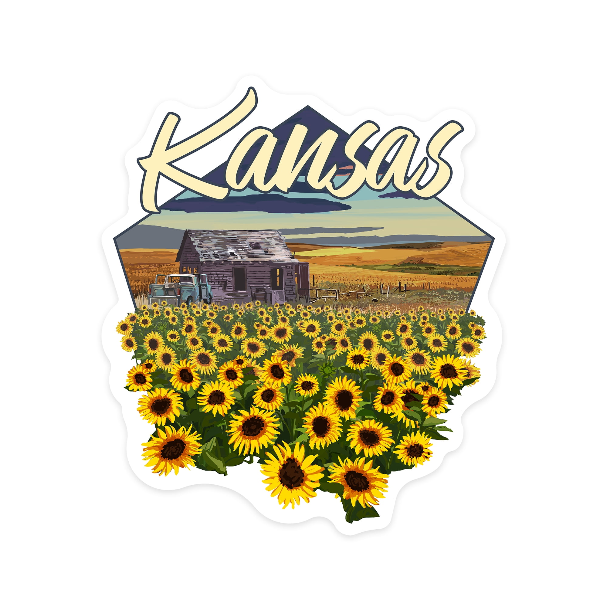 Die Cut Sticker Kansas, Shack and Sunflowers with Wheat Field, Contour ...