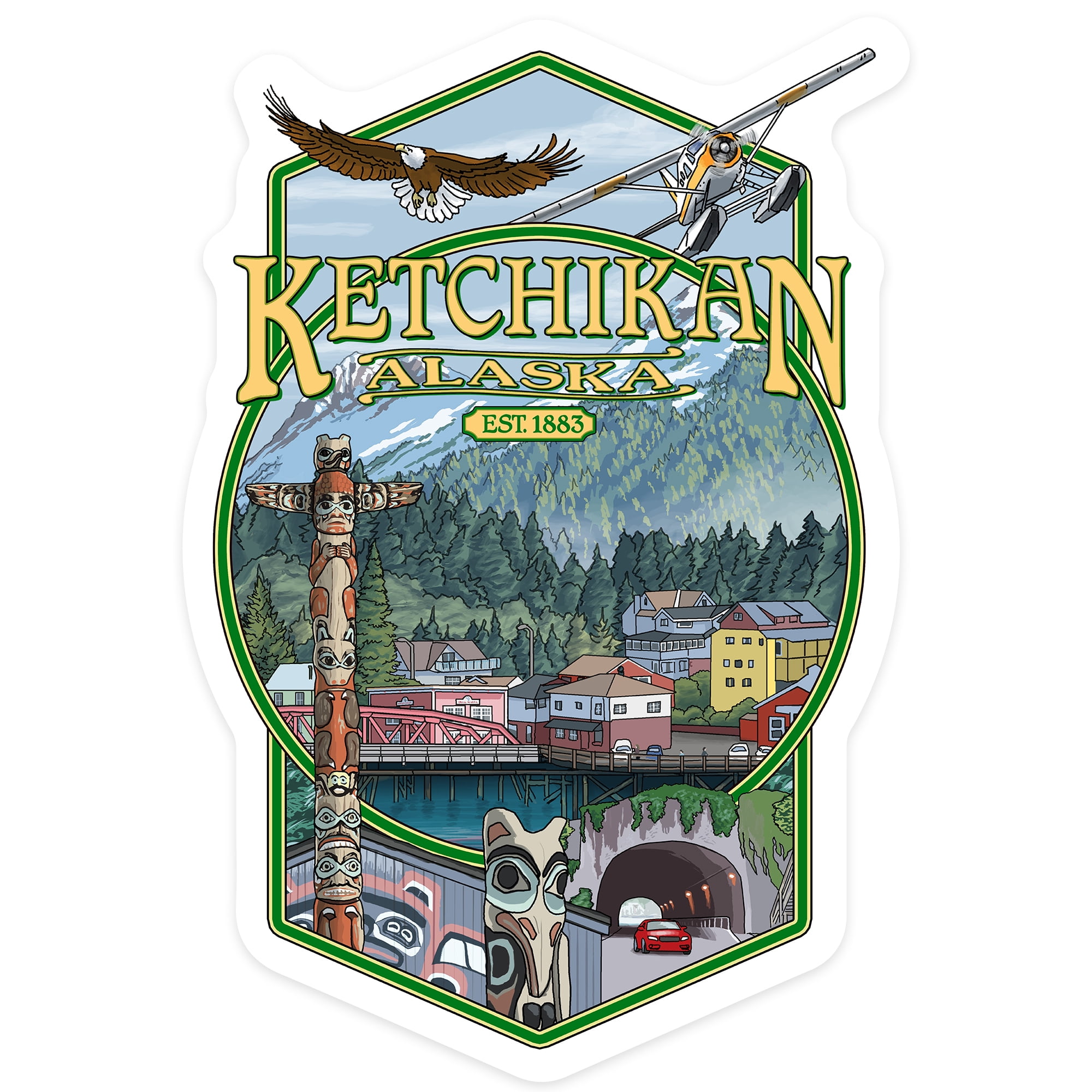 Die Cut Sticker Ketchikan, Alaska, Montage, Contour Vinyl Sticker 3 to ...