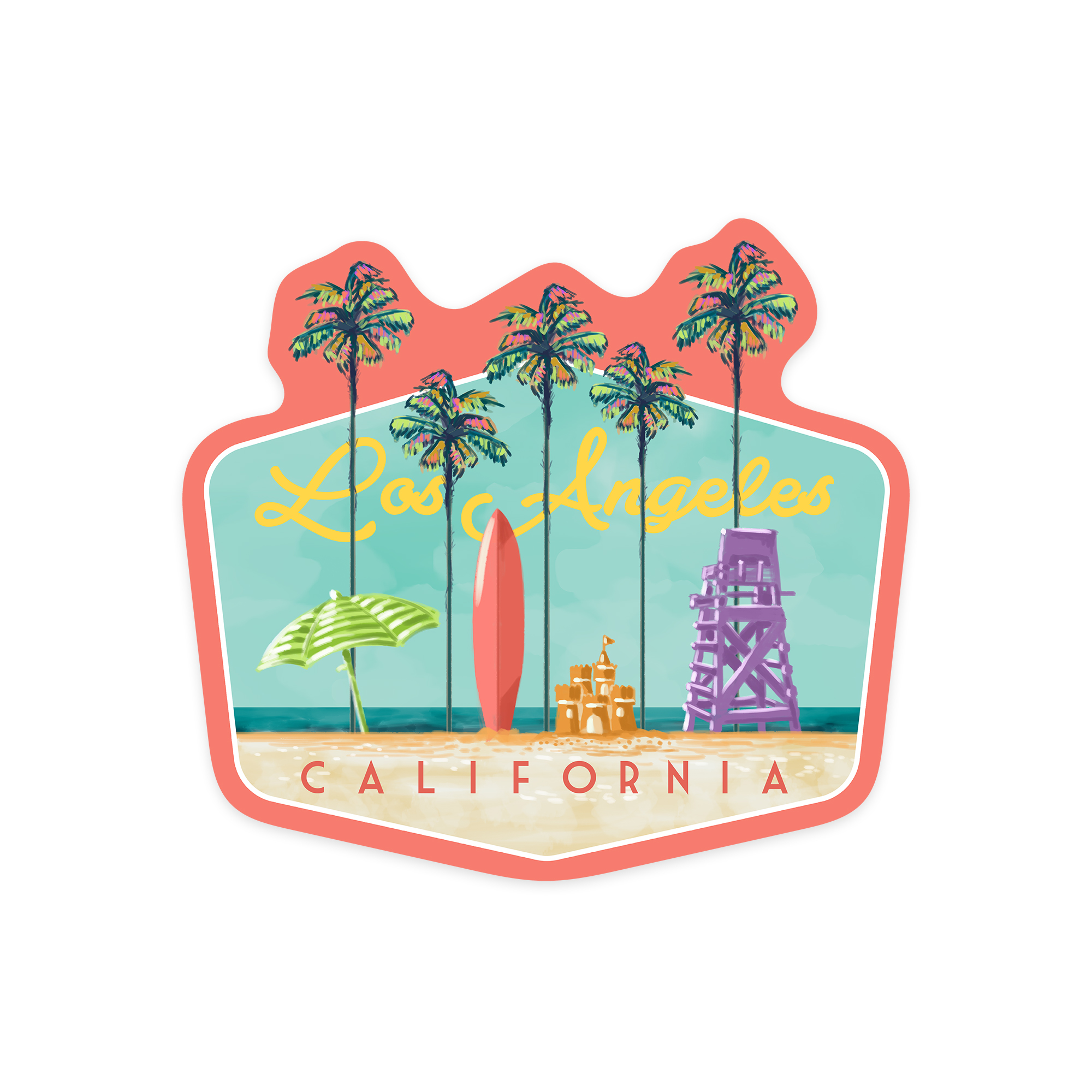 Die Cut Sticker Los Angeles, California, Tall Palms Beach Scene ...