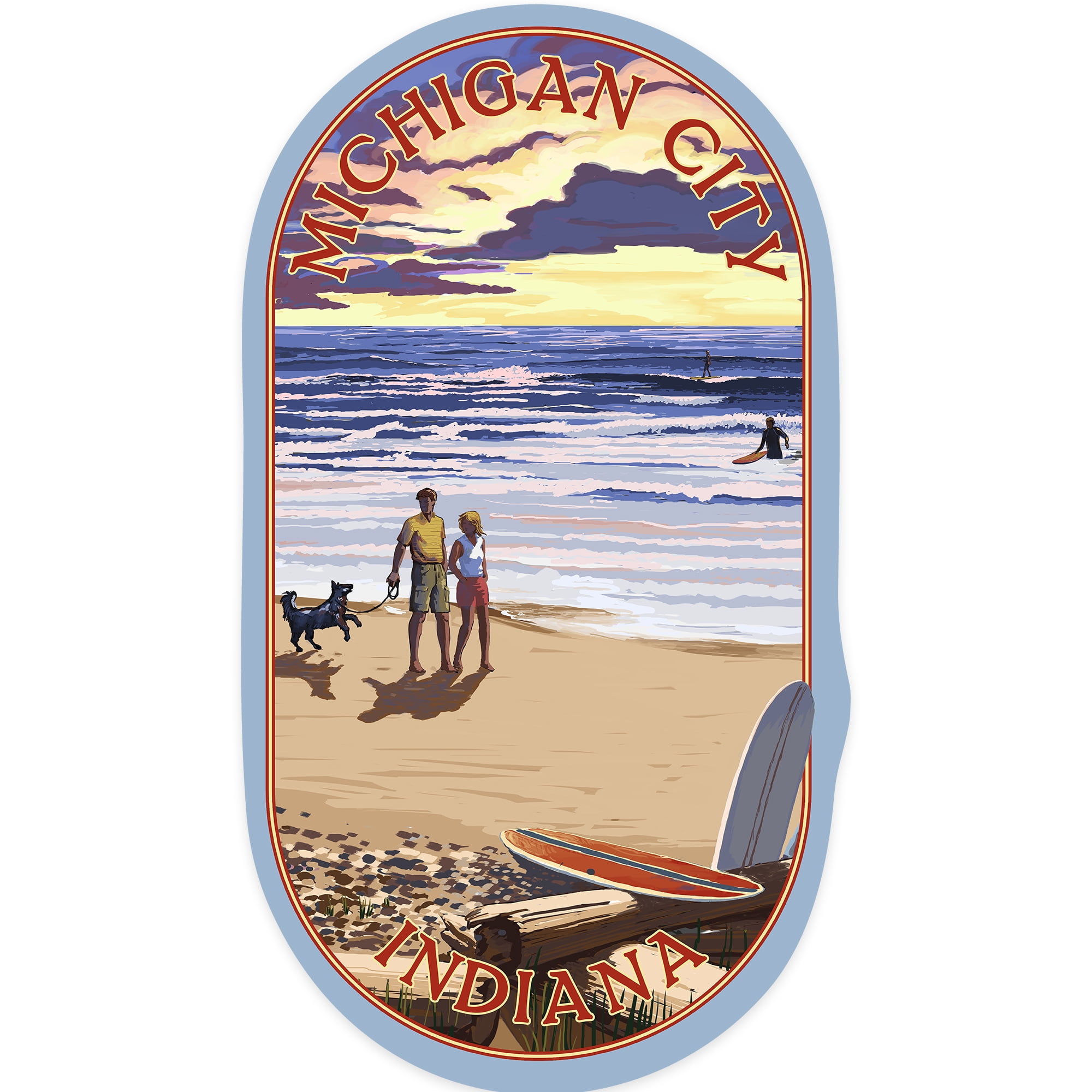 Die Cut Sticker Michigan City, Indiana, Sunset on Beach, Contour Vinyl ...