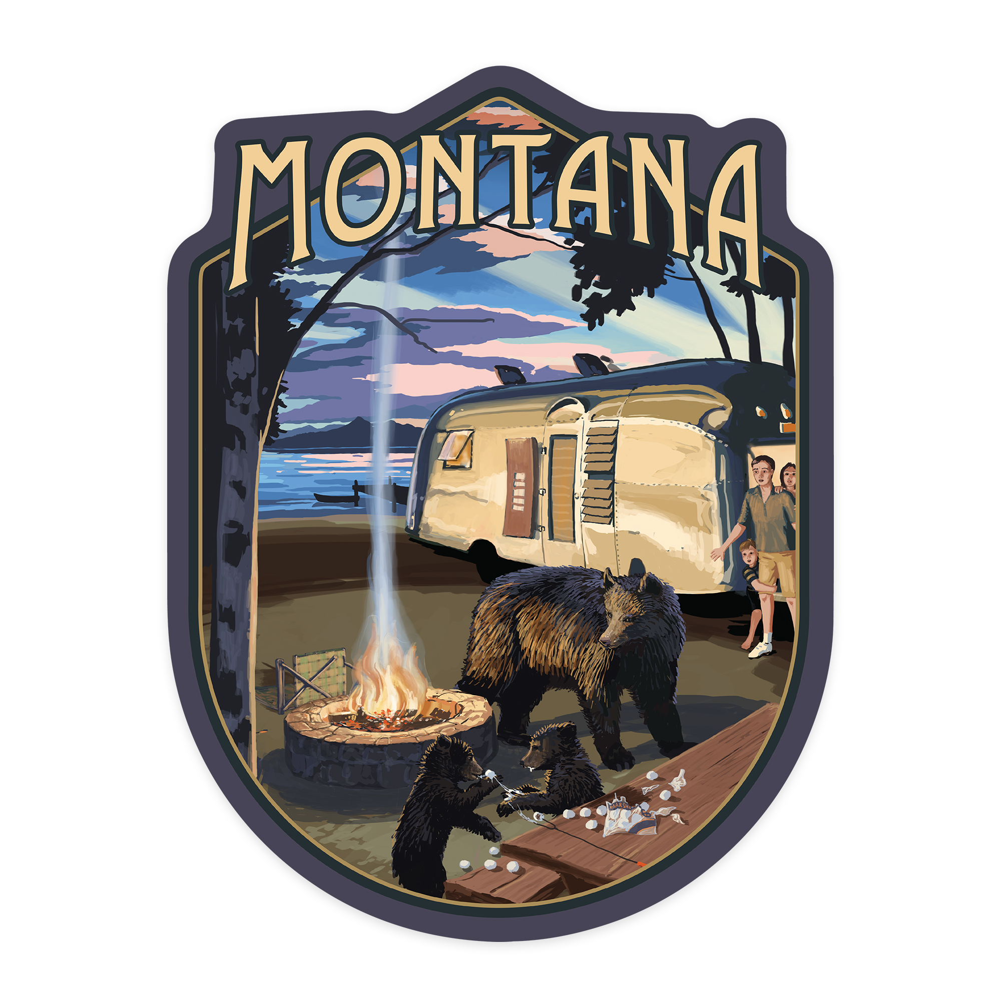 Die Cut Sticker Montana, Retro Camper and Lake with Bear Family ...
