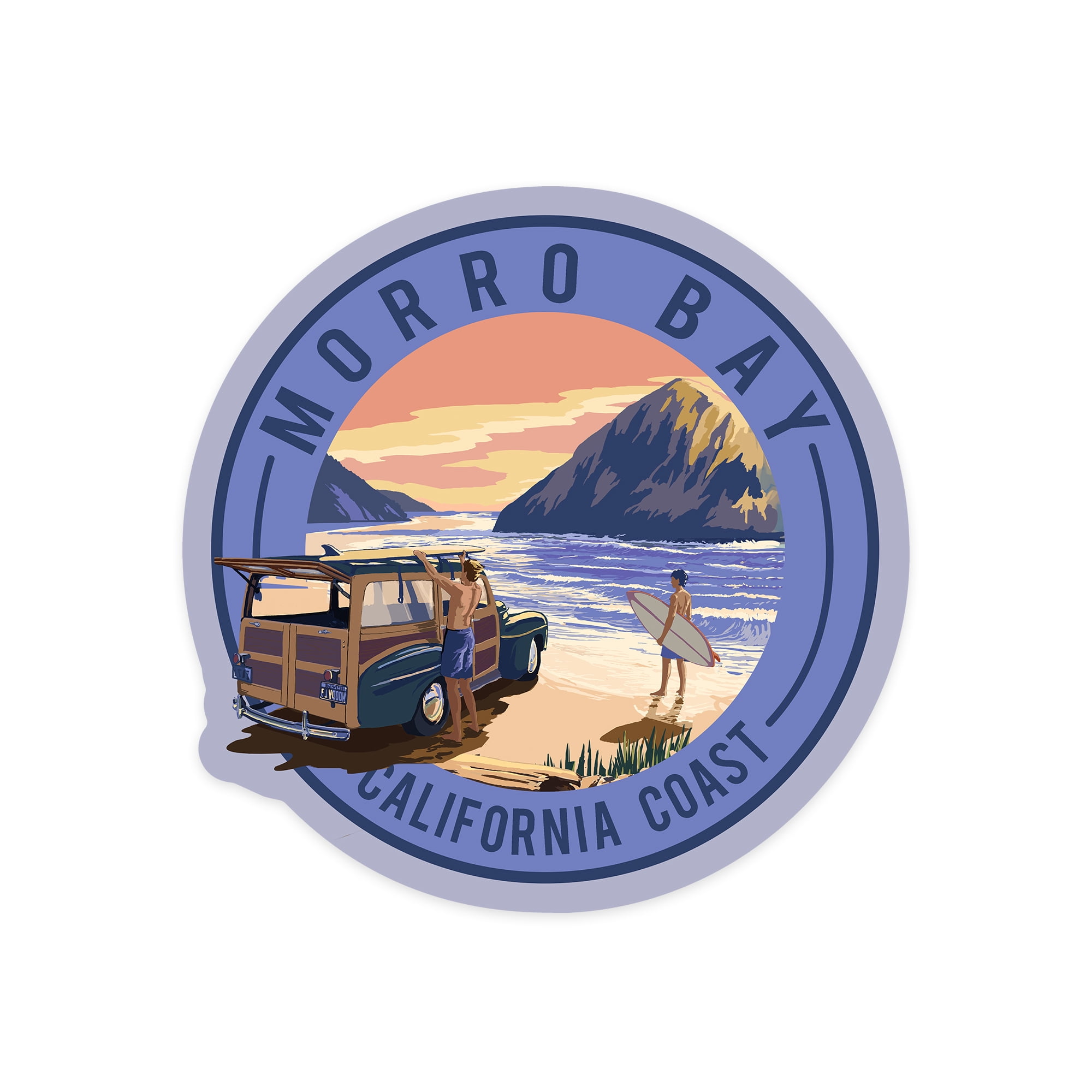 Die Cut Sticker Morro Bay, California, Woody and Surfers on the Beach ...