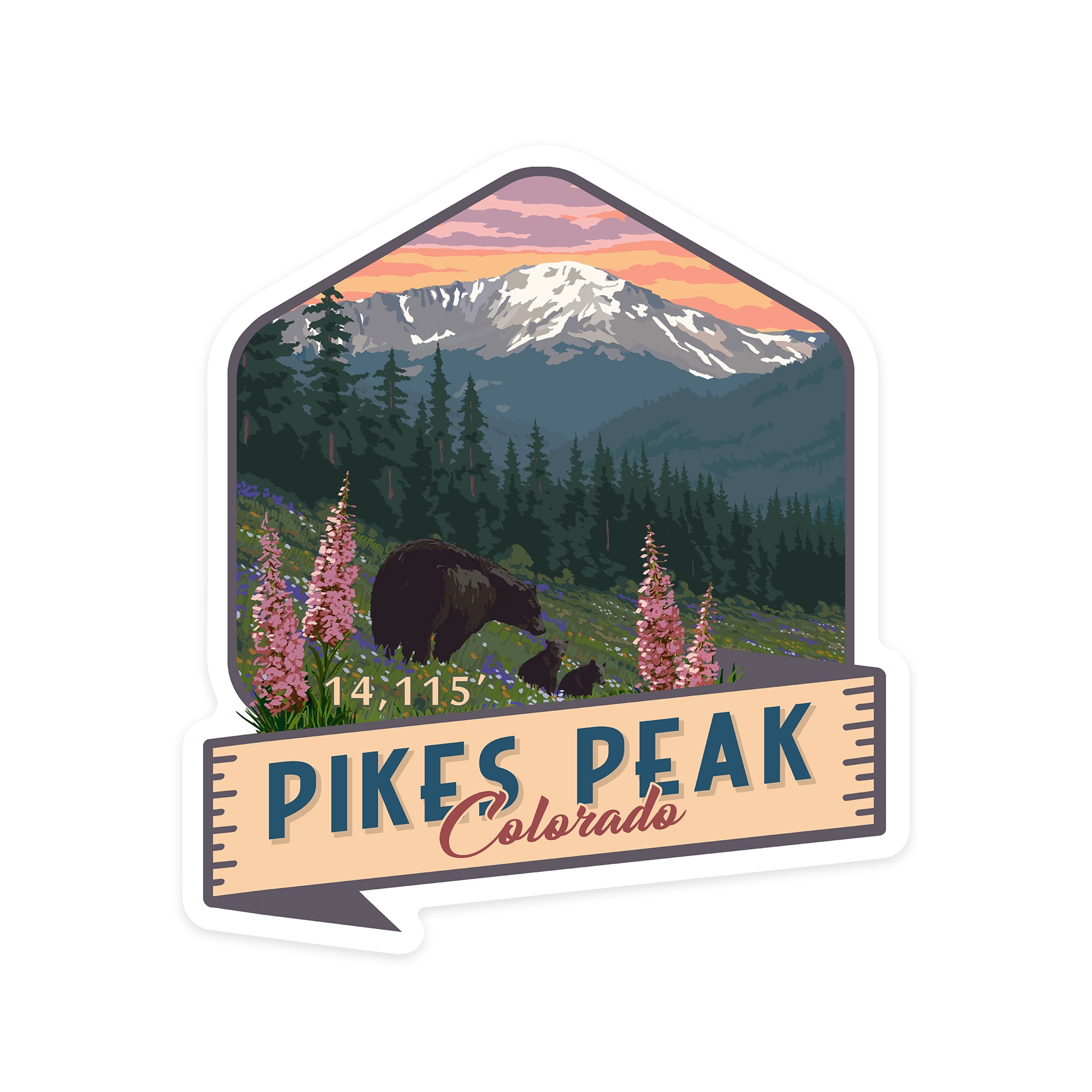 Die Cut Sticker Pikes Peak, Colorado, Bear and Spring Flowers, Contour ...
