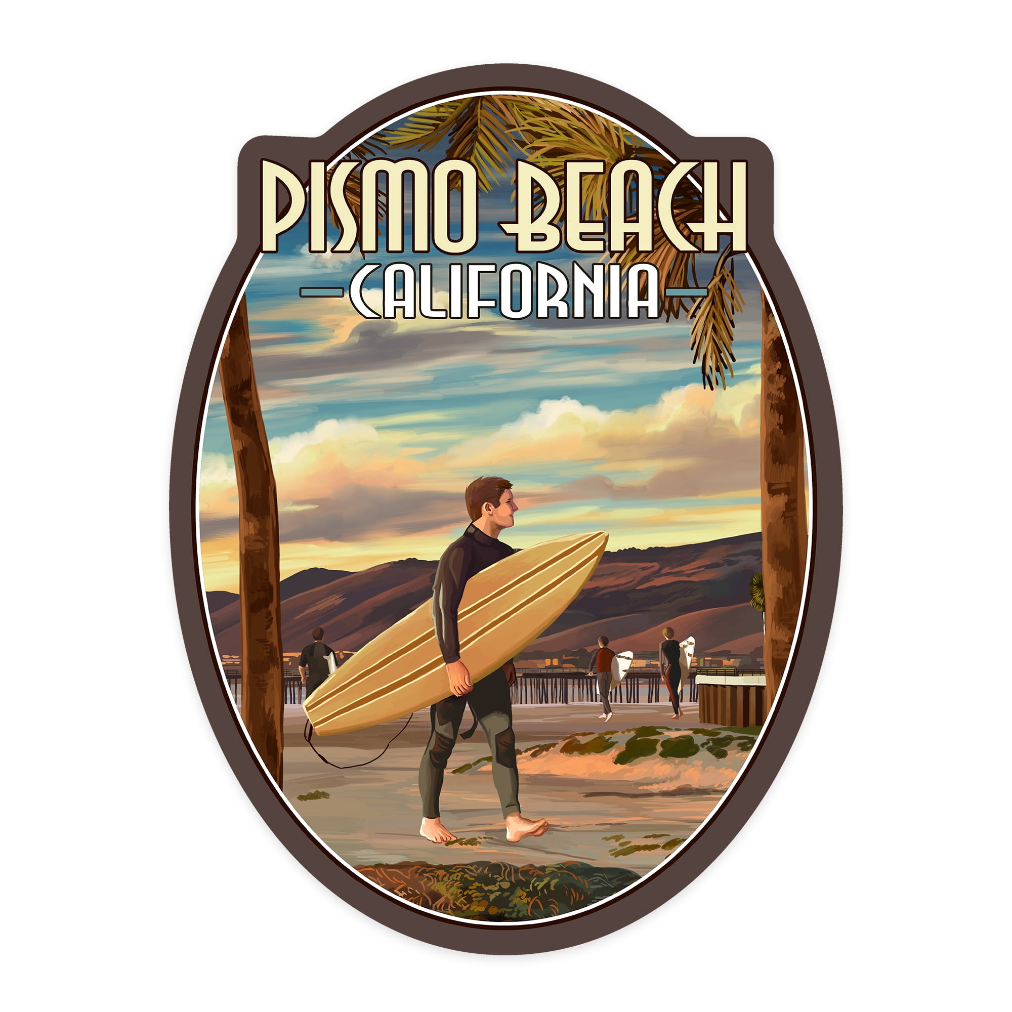 Die Cut Sticker Pismo Beach, California, Surfer and Pier, Contour Vinyl ...