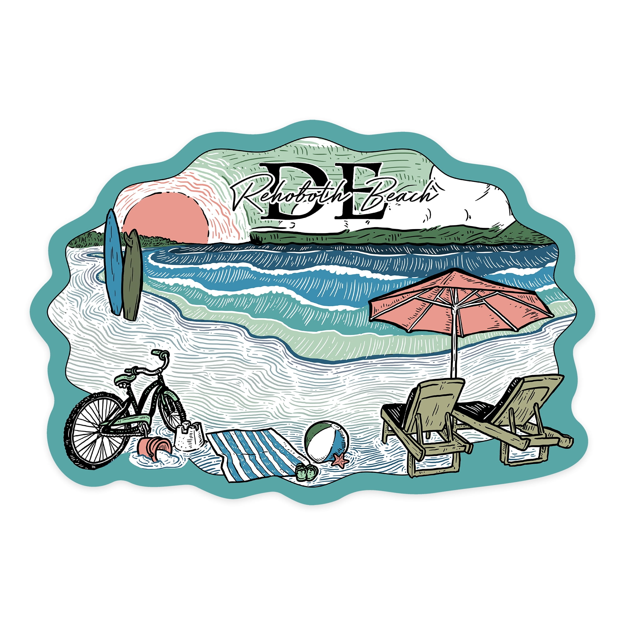 Die Cut Sticker Rehoboth Beach, Delaware, Beach Scene, Sketch, Contour ...