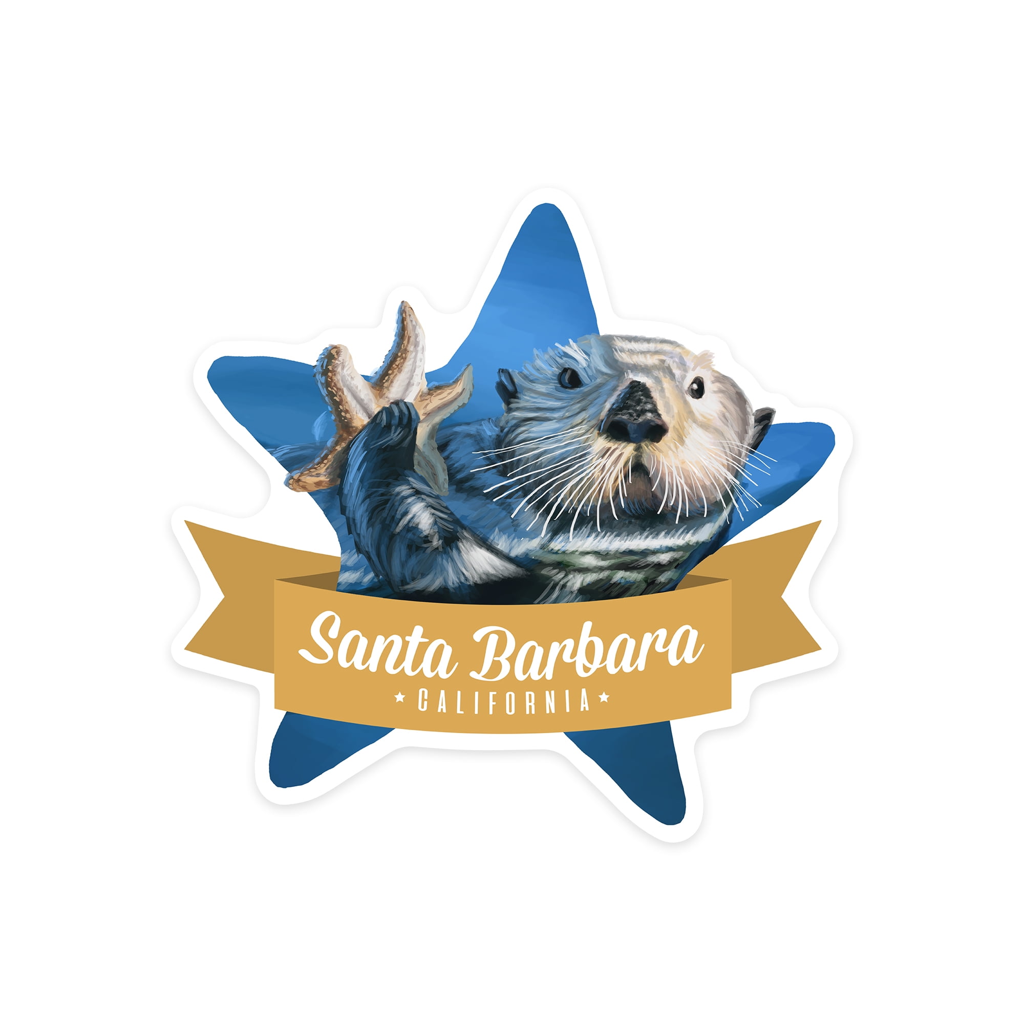 Die Cut Sticker Santa Barbara, California, Otter with Starfish, Contour ...