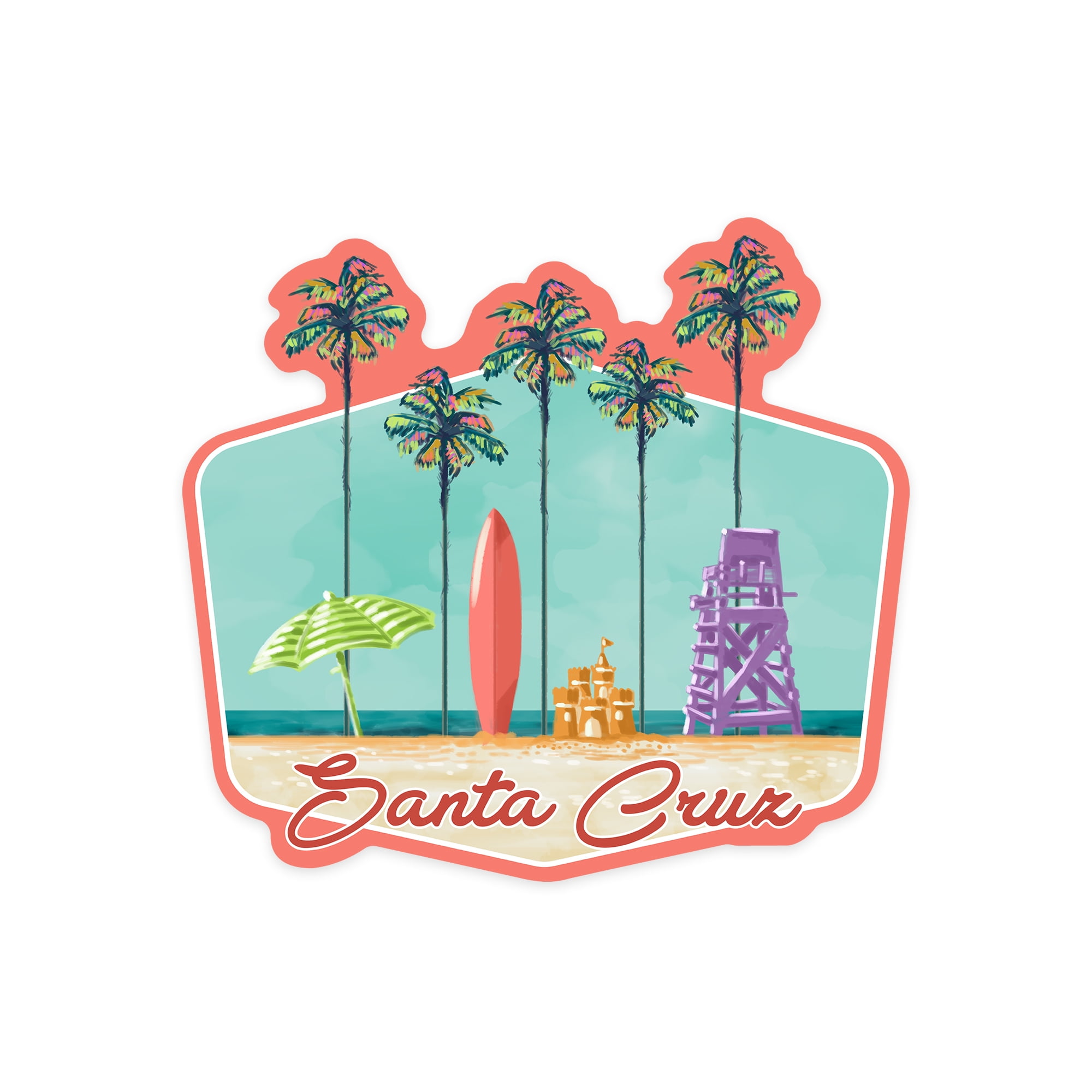 Die Cut Sticker Santa Cruz, California, Tall Palms Beach Scene, Contour ...