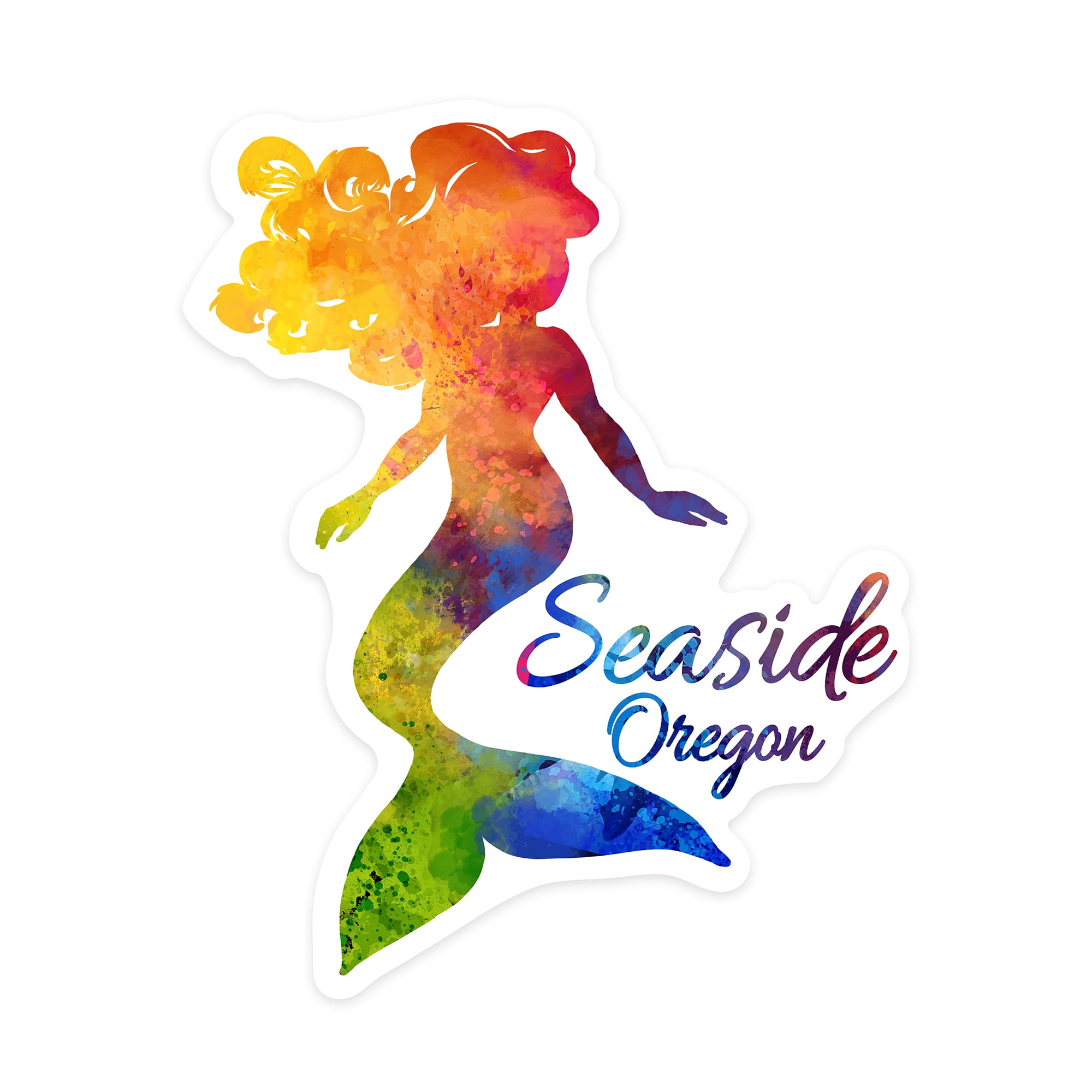 Die Cut Sticker Seaside, Oregon, Mermaid Silhouette, Rainbow Watercolor, Contour Vinyl Sticker 3 ...