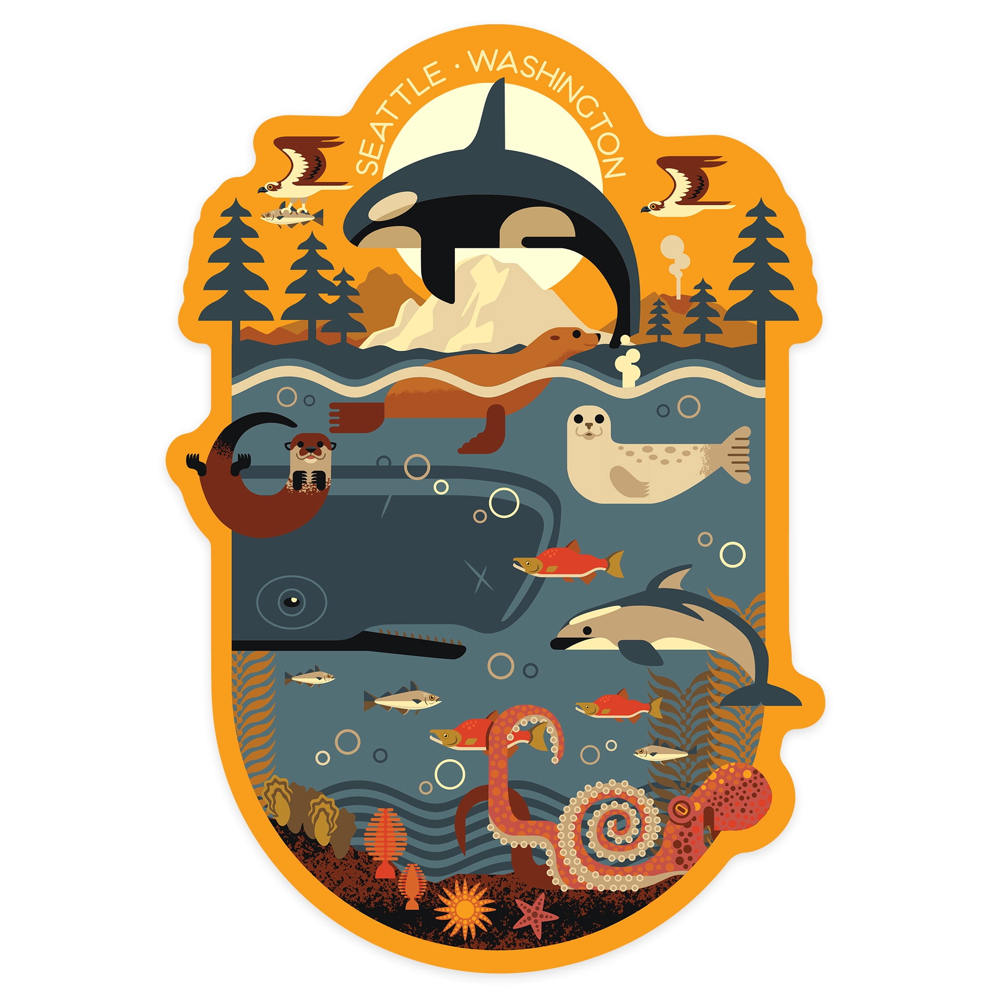 Die Cut Sticker Seattle, Washington, Marine Animals, Geometric, Contour ...