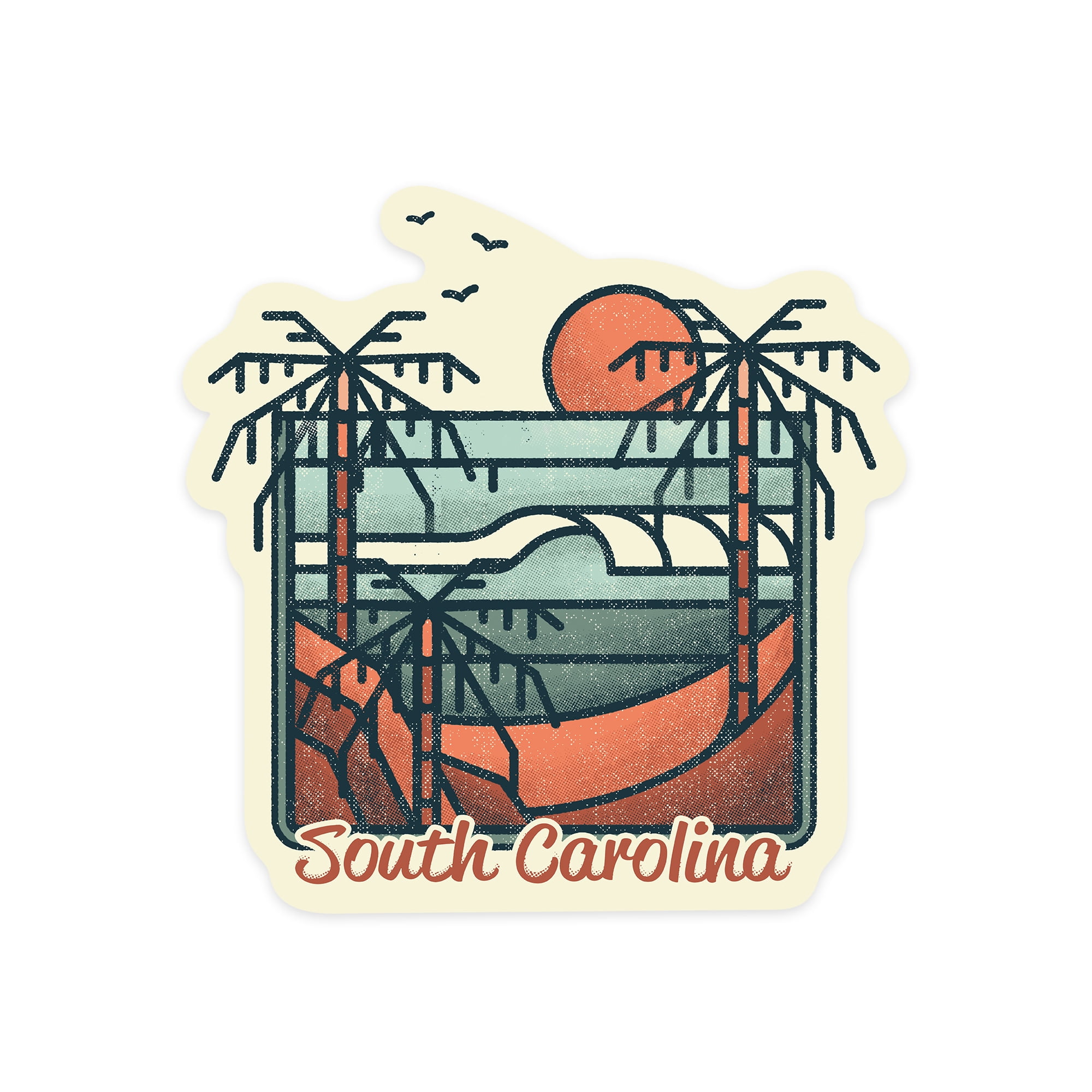 Die Cut Sticker South Carolina, Palm Trees and Beach Scene, Block Lines ...