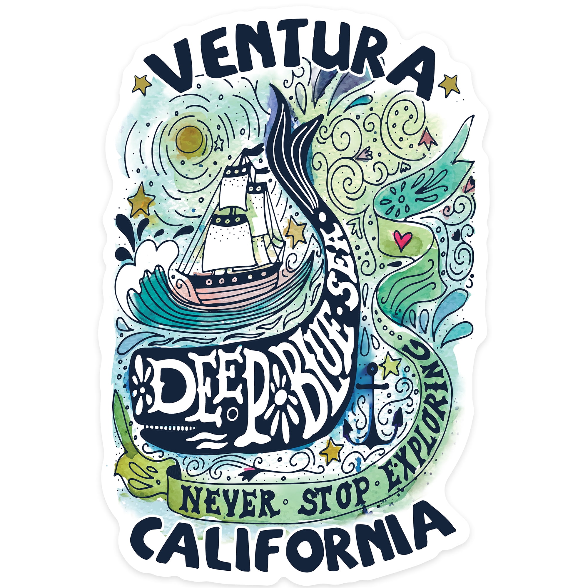 Die Cut Sticker Ventura, California, Watercolor Whale, Deep Blue Sea ...