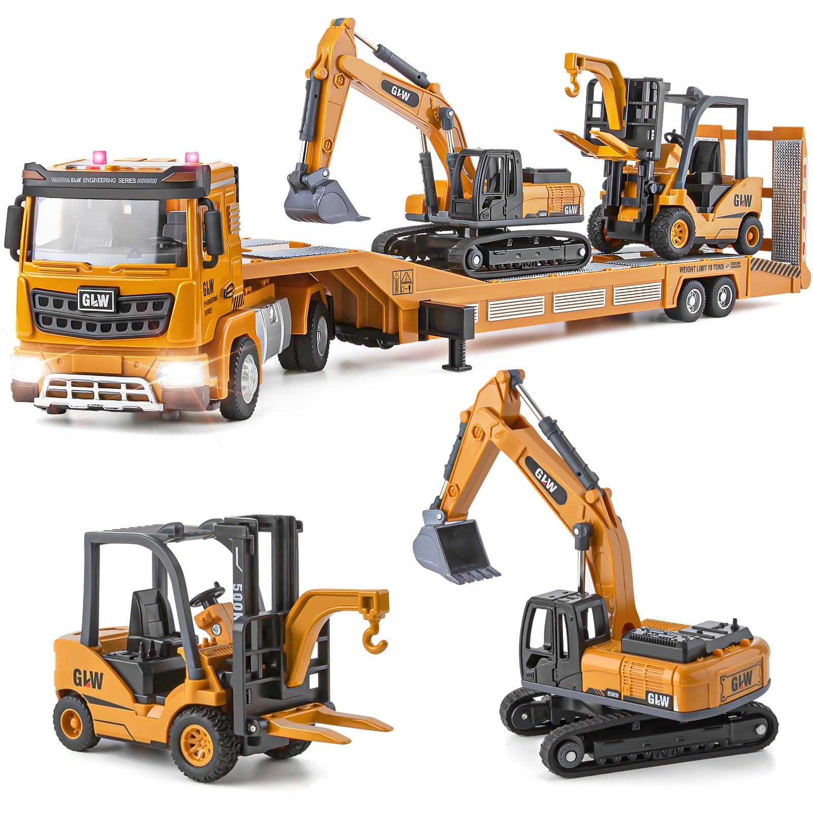 Die-cast Construction Truck Toys Set w/Semi Truck, Excavator, Forklift, Alloy Engineering ...