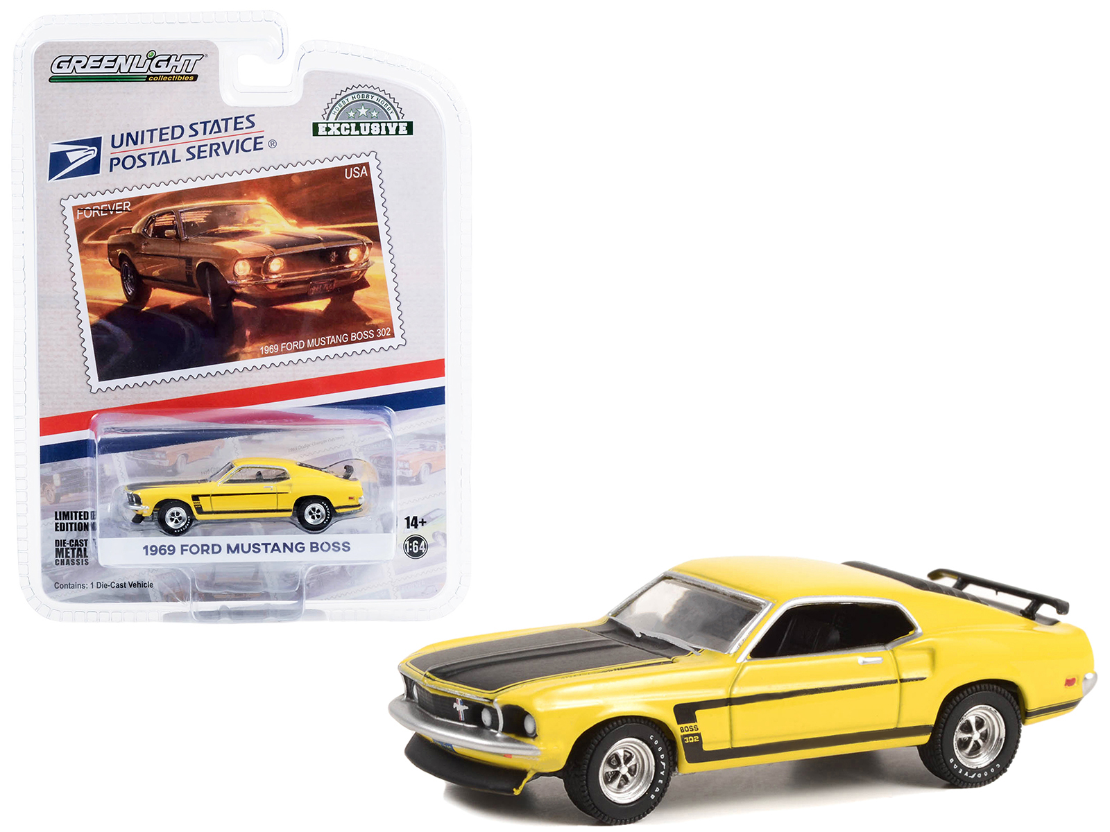 Diecast 1969 Ford Mustang Boss 302 with Black Hood and Stripes USPS ...