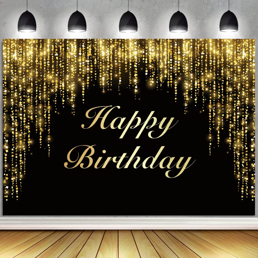 Dienalls 7x5ft Happy Birthday Backdrop for Women Girls Black and Gold Glitter Bokeh Sequin Spots ...