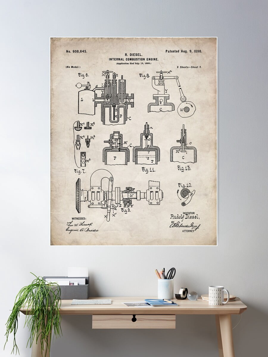 Diesel Engine Patent - Mechanic Auto Repair Garage Art - Antique Poster ...