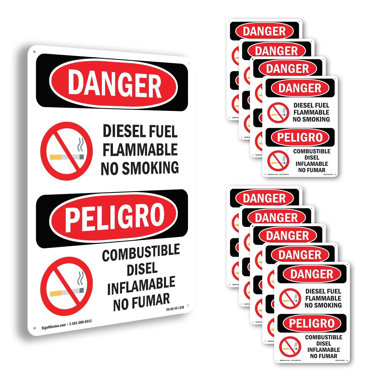 Diesel Fuel Flammable No Smoking Bilingual OSHA Danger Rigid Plastic ...