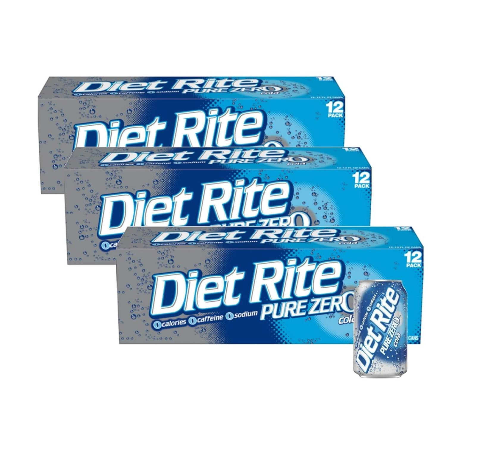 Diet Rite Pure Zero Cola Original Soda Soft Drink Cans - 3 Cases (36 ...
