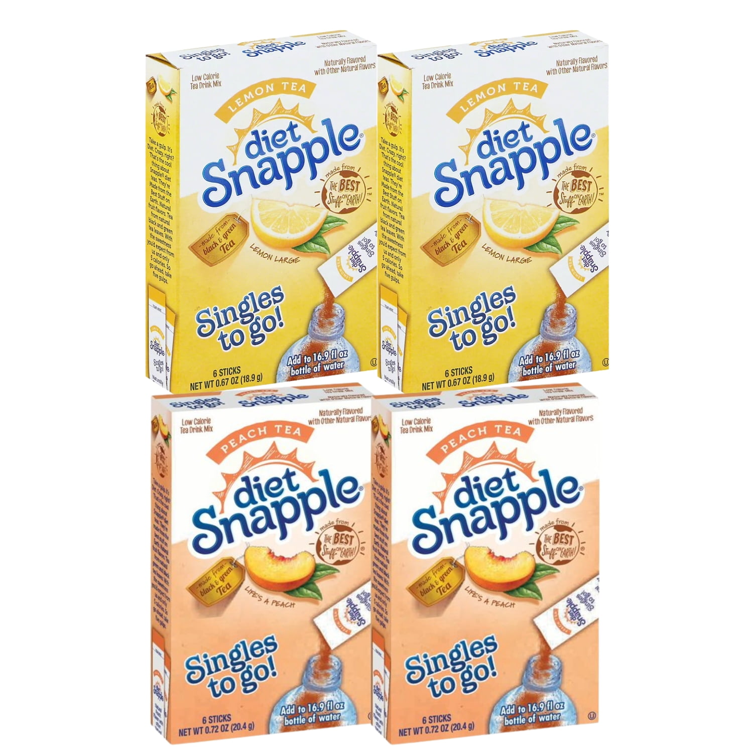 Diet Snapple Singles To Go Powdered Drink Mix 2 Peach Tea and 2 Lemon ...
