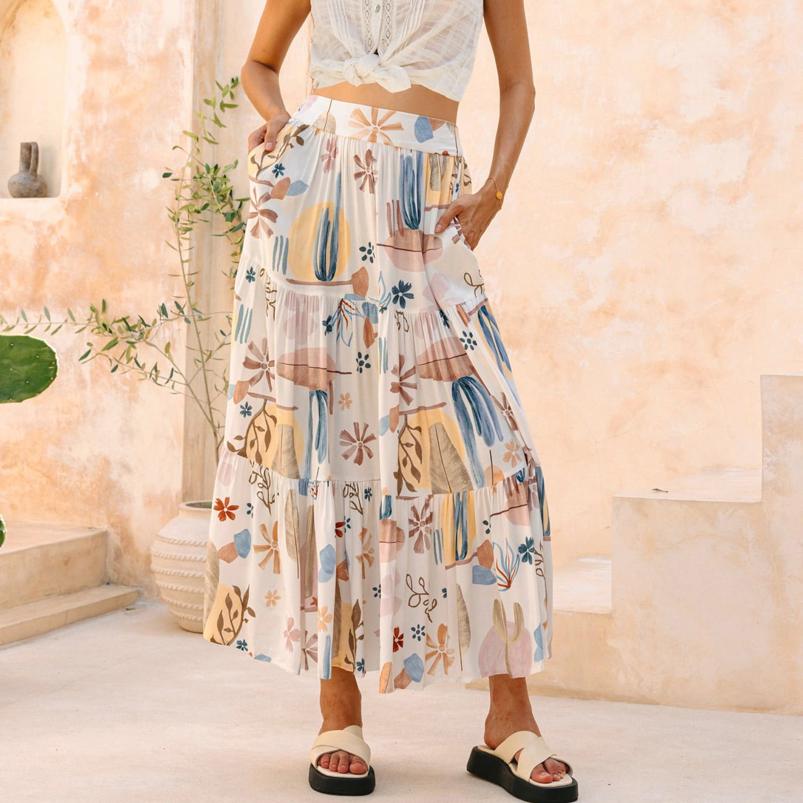 Difdany 2025 Boho Maxi Skirt Women's High Waist Smocked A Line Floral ...