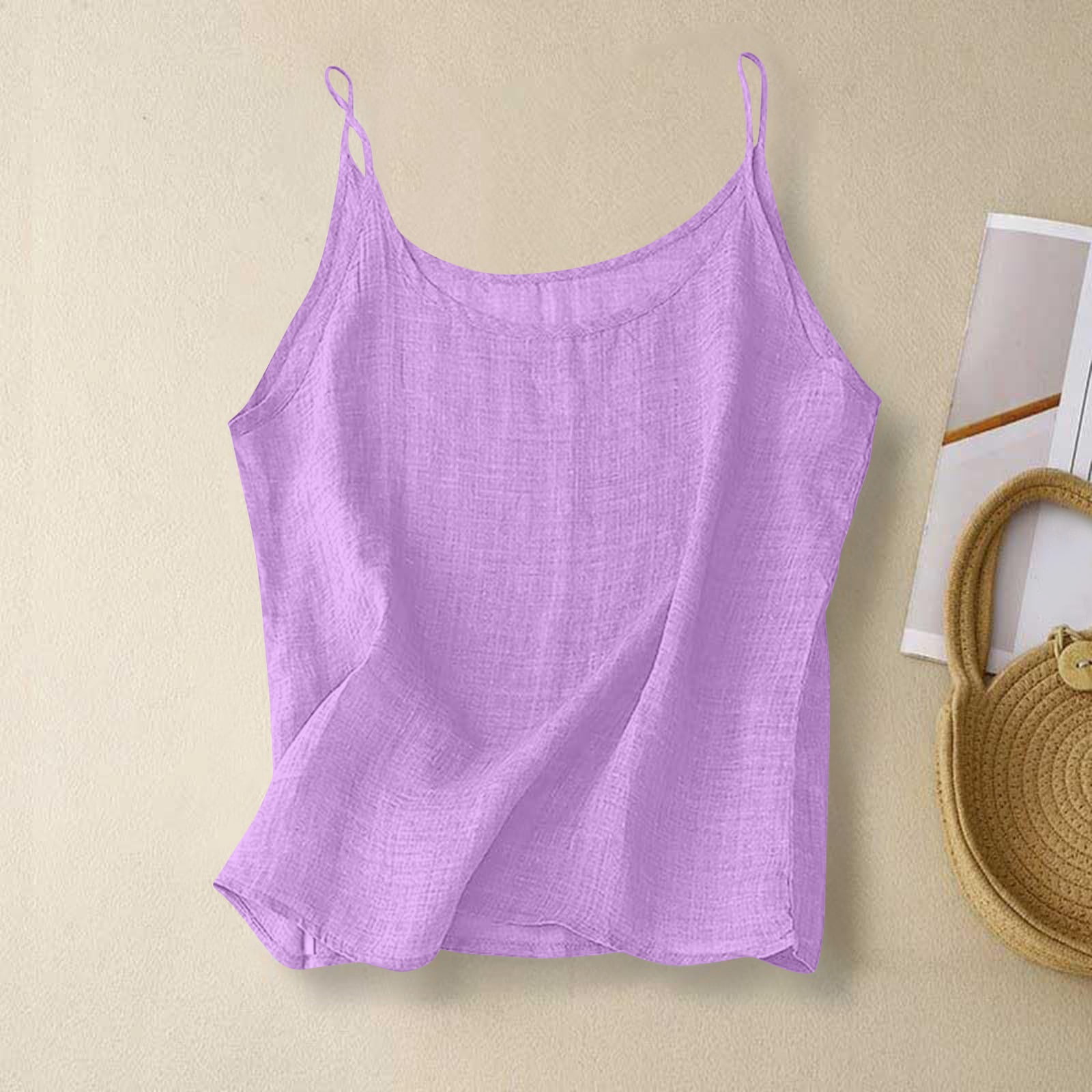 Difdany Cotton Linen Camisole Tops for Women Spaghetti Strap Loose Fit ...